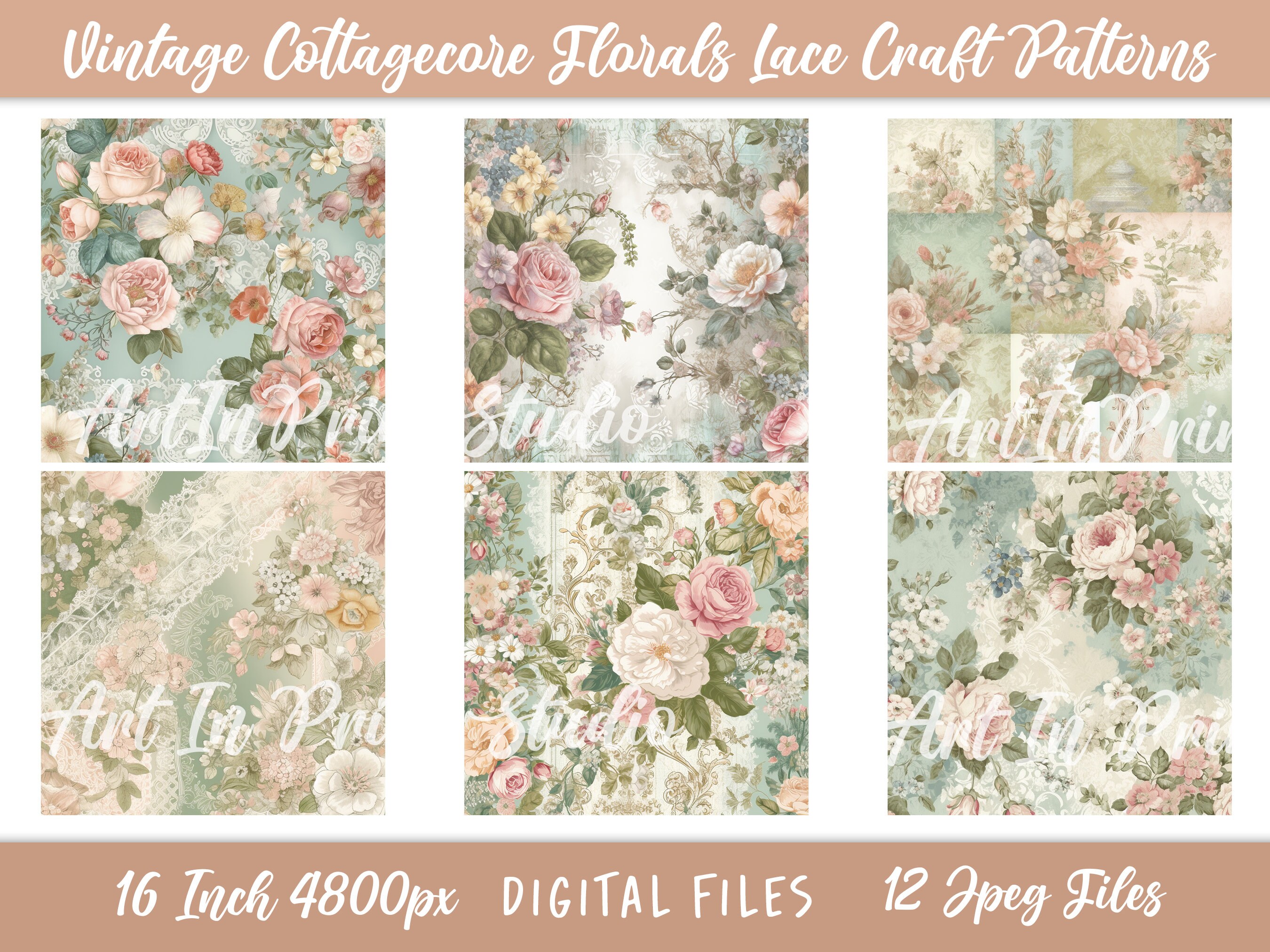 Cottagecore Vintage Floral Lace Craft Pattern Digital Papers, Junk ...