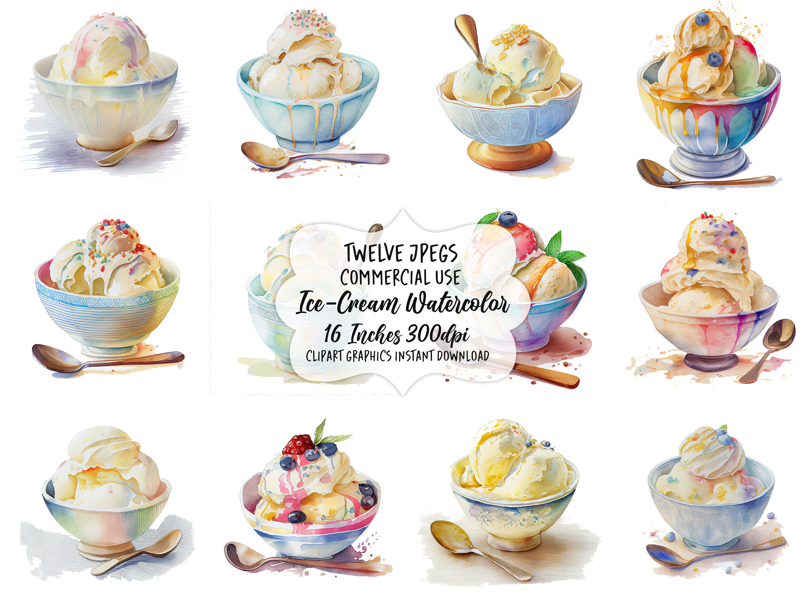 Watercolor Ice Cream Clipart, Ice-cream Clip Art, Commercial Use ...