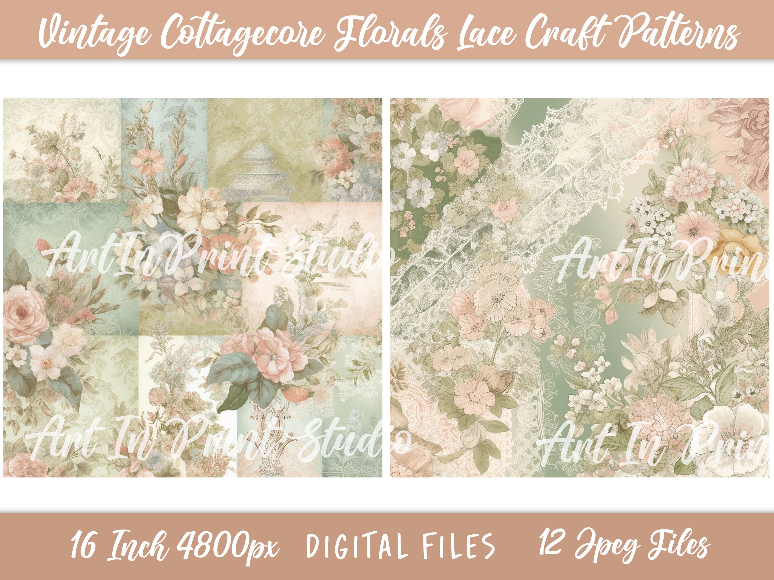 Cottagecore Vintage Floral Lace Craft Pattern Digital Papers, Junk ...