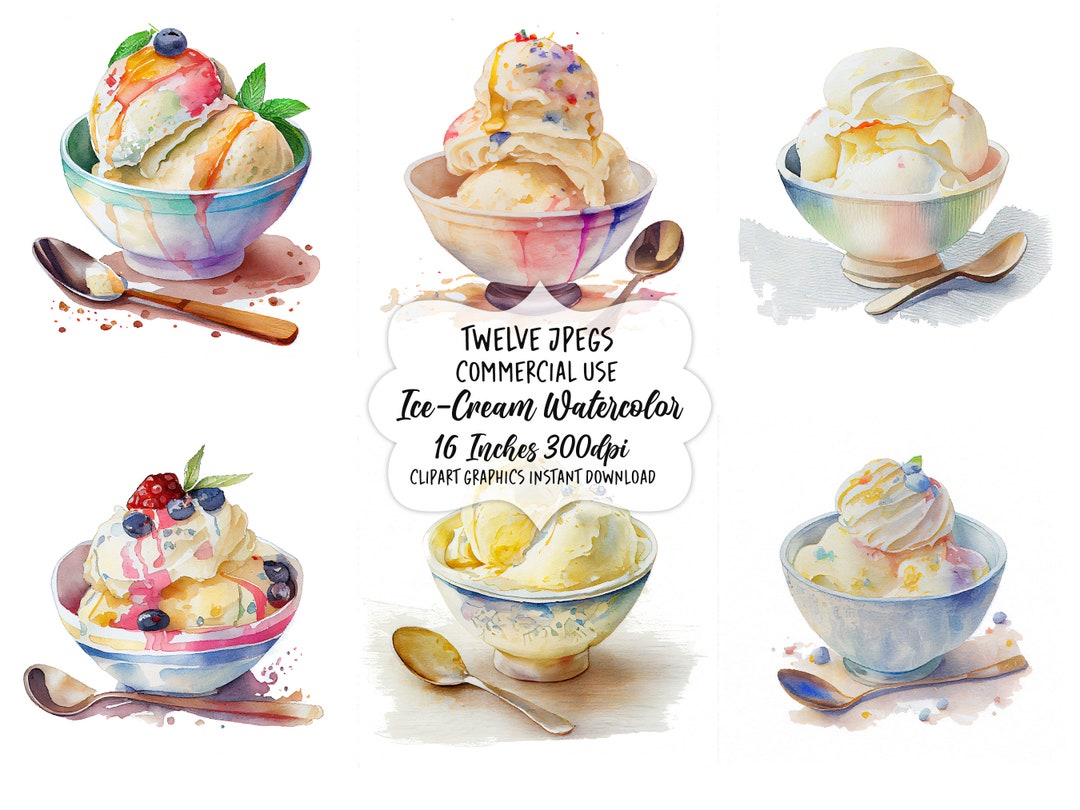 Watercolor Ice Cream Clipart, Ice-cream Clip Art, Commercial Use ...
