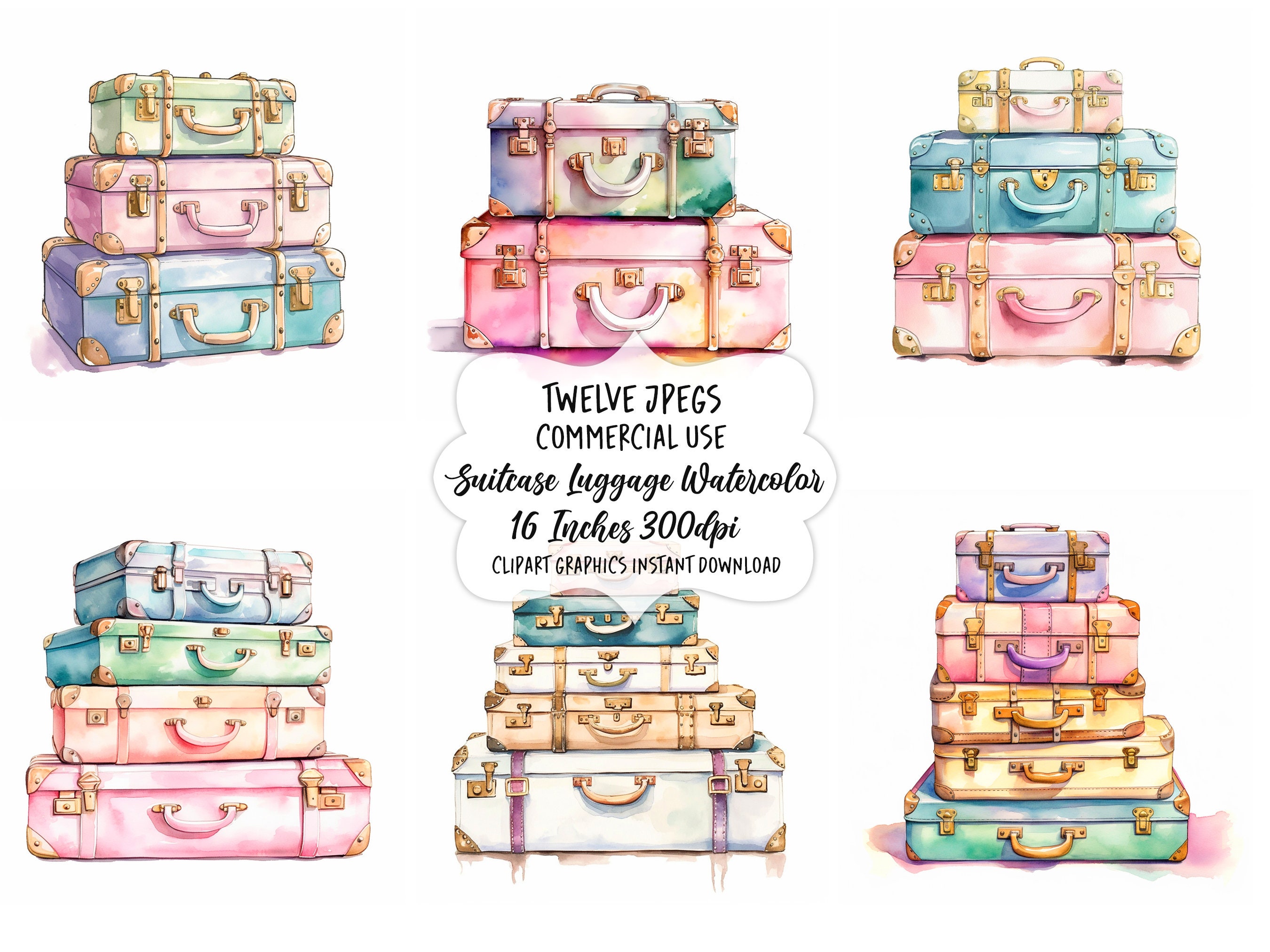 Travel Luggage Clipart, Suitcase Clip Art, Vacation Images, Instant ...