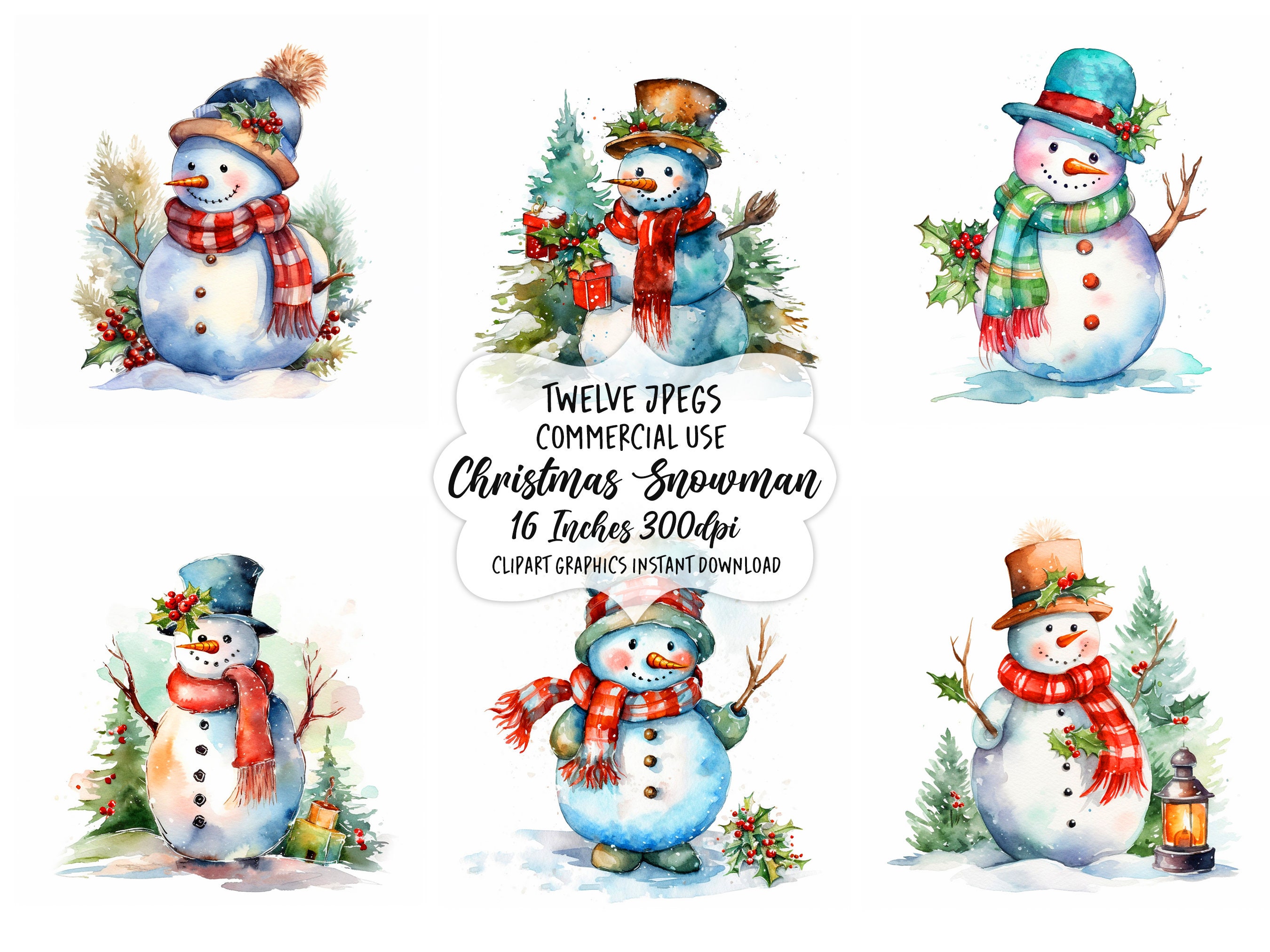 Cute Snowman Clipart, Christmas Clip Art, Watercolor Graphics, Winter ...