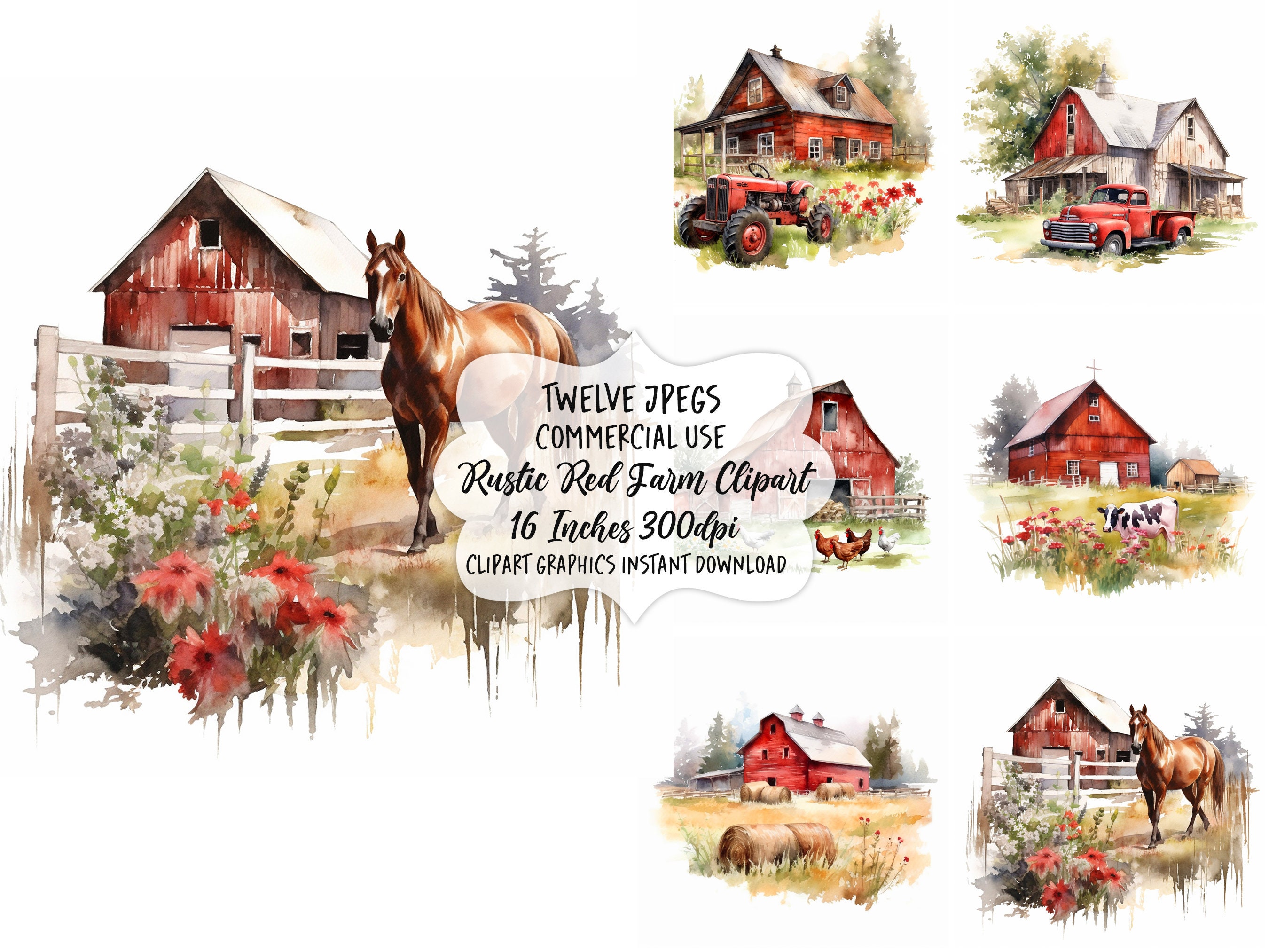 Watercolor Clipart Farm Farmhouse Clip Art Watercolor - Etsy