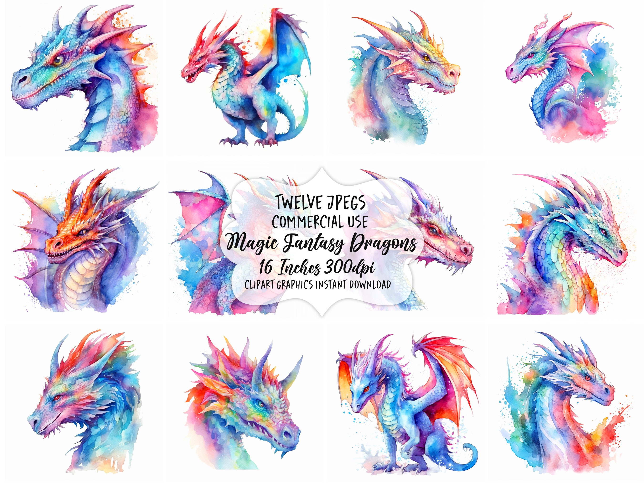 Dragons Watercolor Clipart, Fantasy Clipart, Magical Clip Art, Full ...