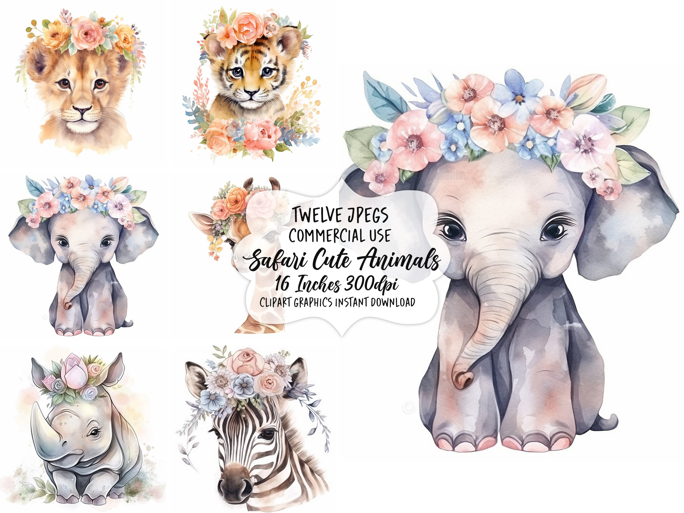 Safari Baby Animals Watercolor Clipart Digital Crafting - Etsy