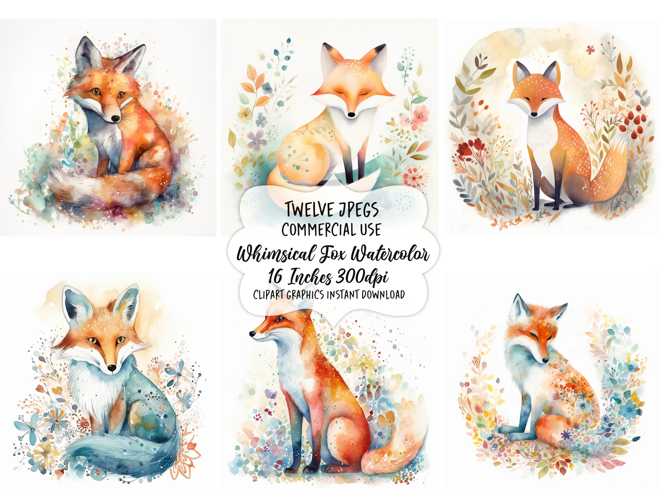 Fox Watercolor Clipart, Cute Fox Watercolor Clip Art, Fox Nursery Wall ...