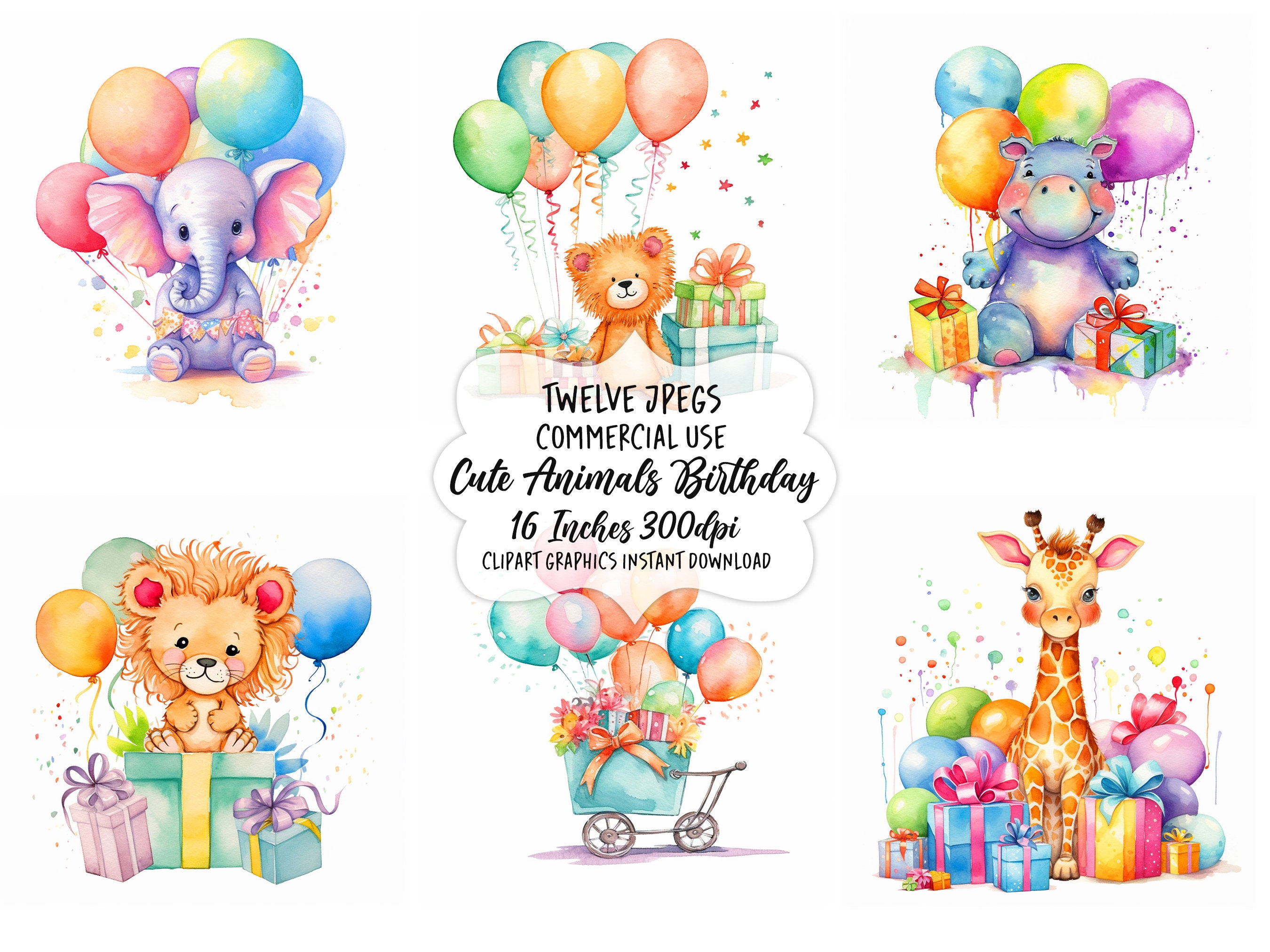 Birthday Cute Animals Clipart Bundle, Card Making, Baby Shower ...