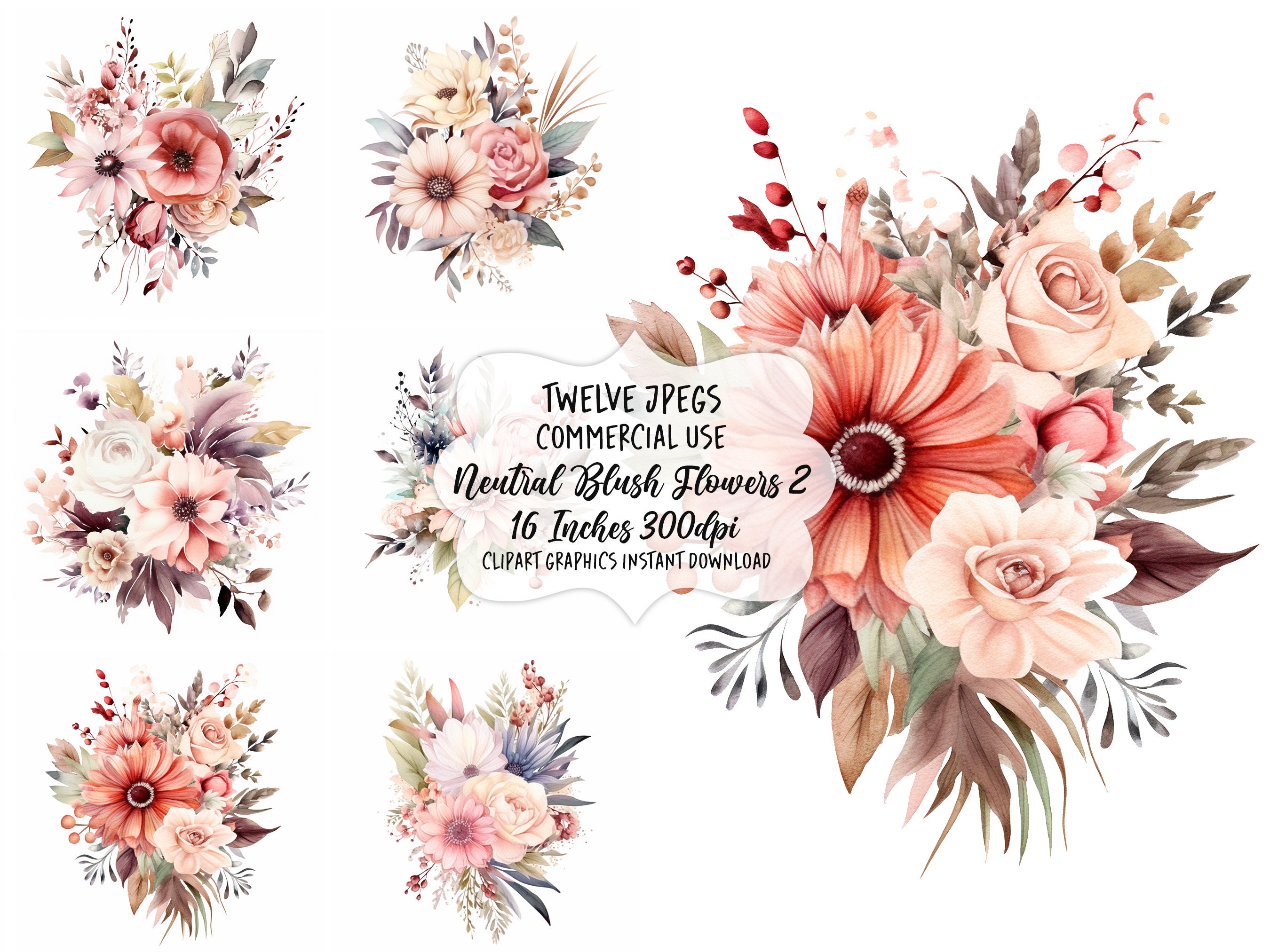 Boho Clipart Neutral Flowers, Watercolor Wild Florals, Watercolor ...