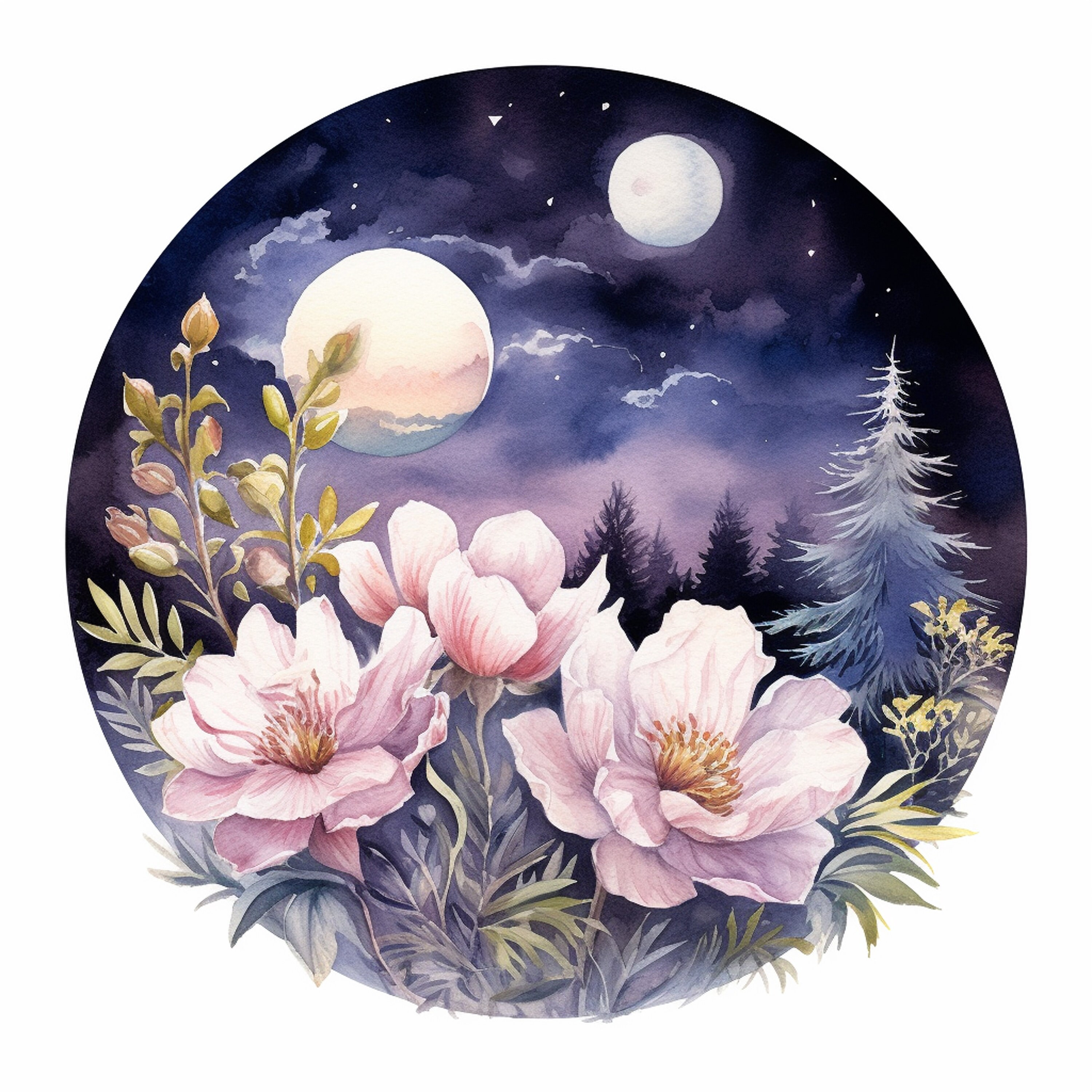 Moon Flowers Clip Art, Watercolor Floral Clipart, Celestial Images ...