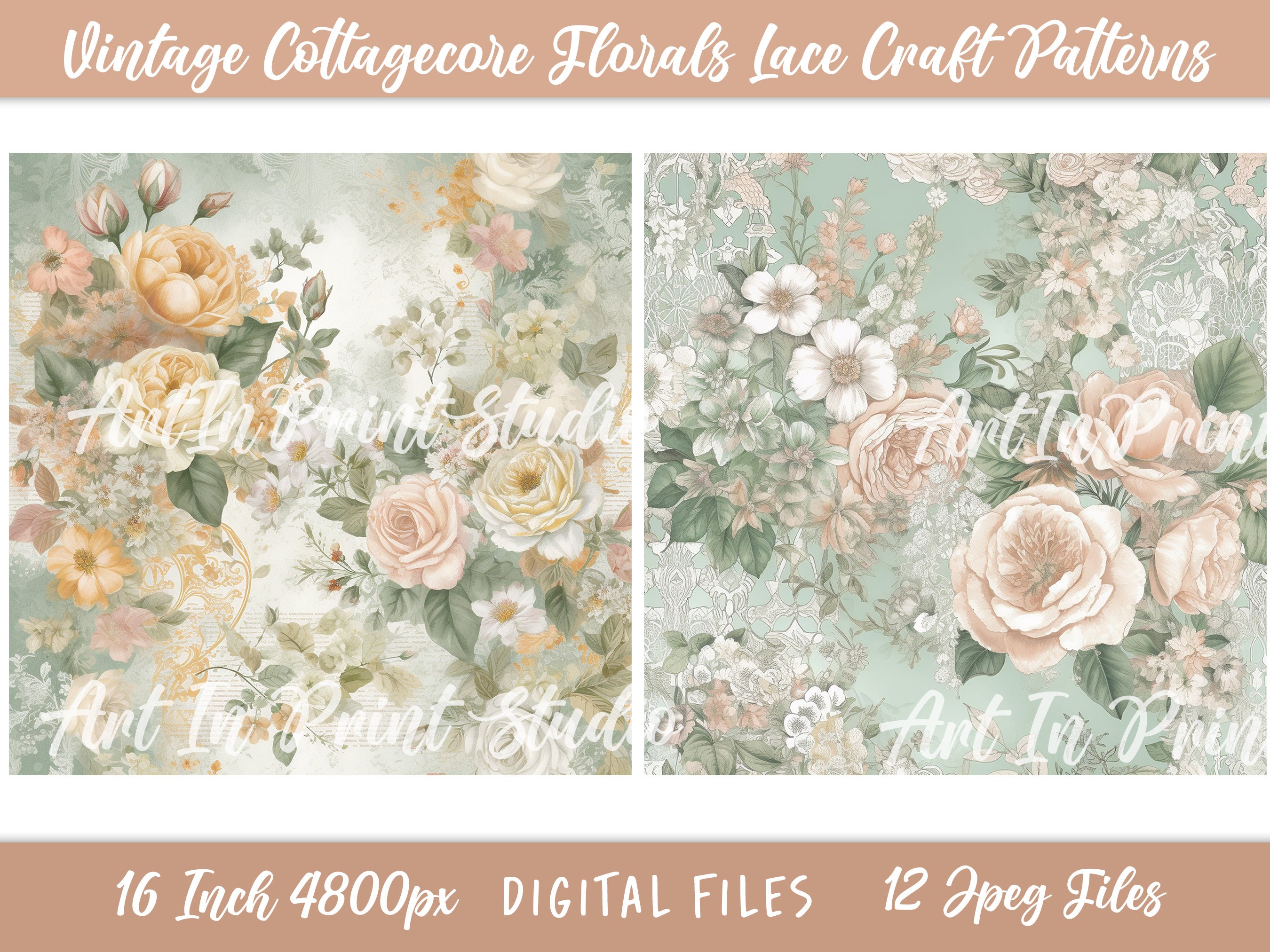 Cottagecore Vintage Floral Lace Craft Pattern Digital Papers, Junk ...