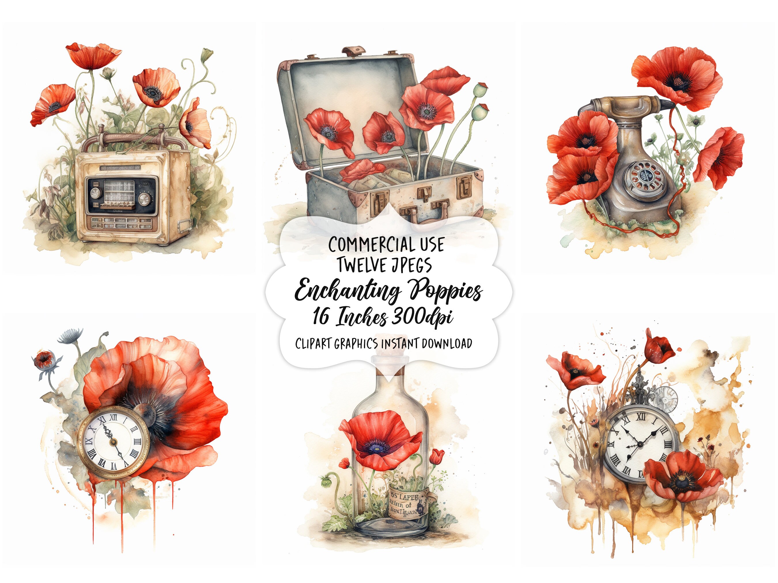 Poppy Clipart Bundle, Poppies Clipart Bundle, Poppy Floral Bundle, Junk ...