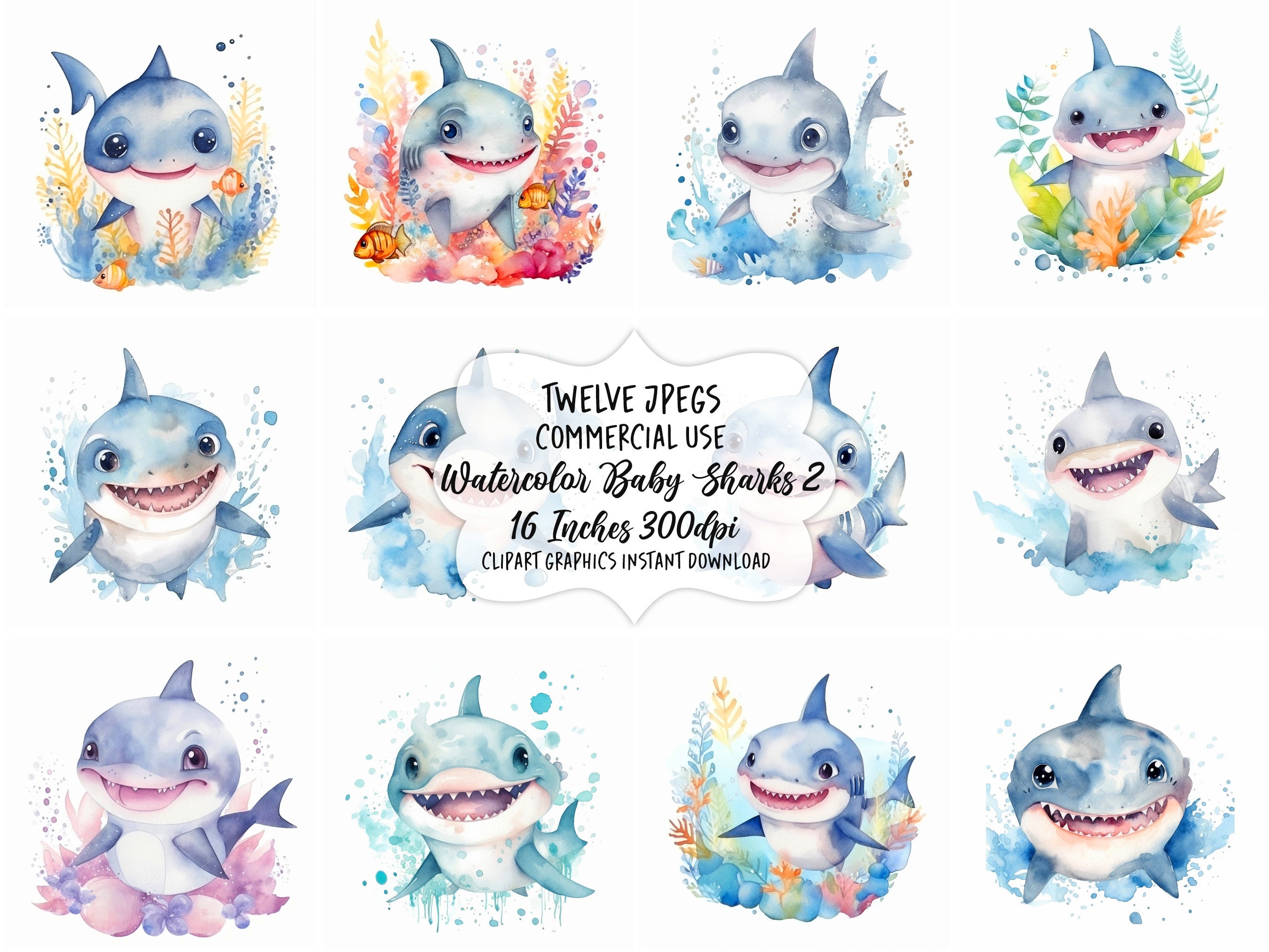 Baby Shark Clipart, Cute Shark Clip Art, Nursery Prints, Printable Wall ...