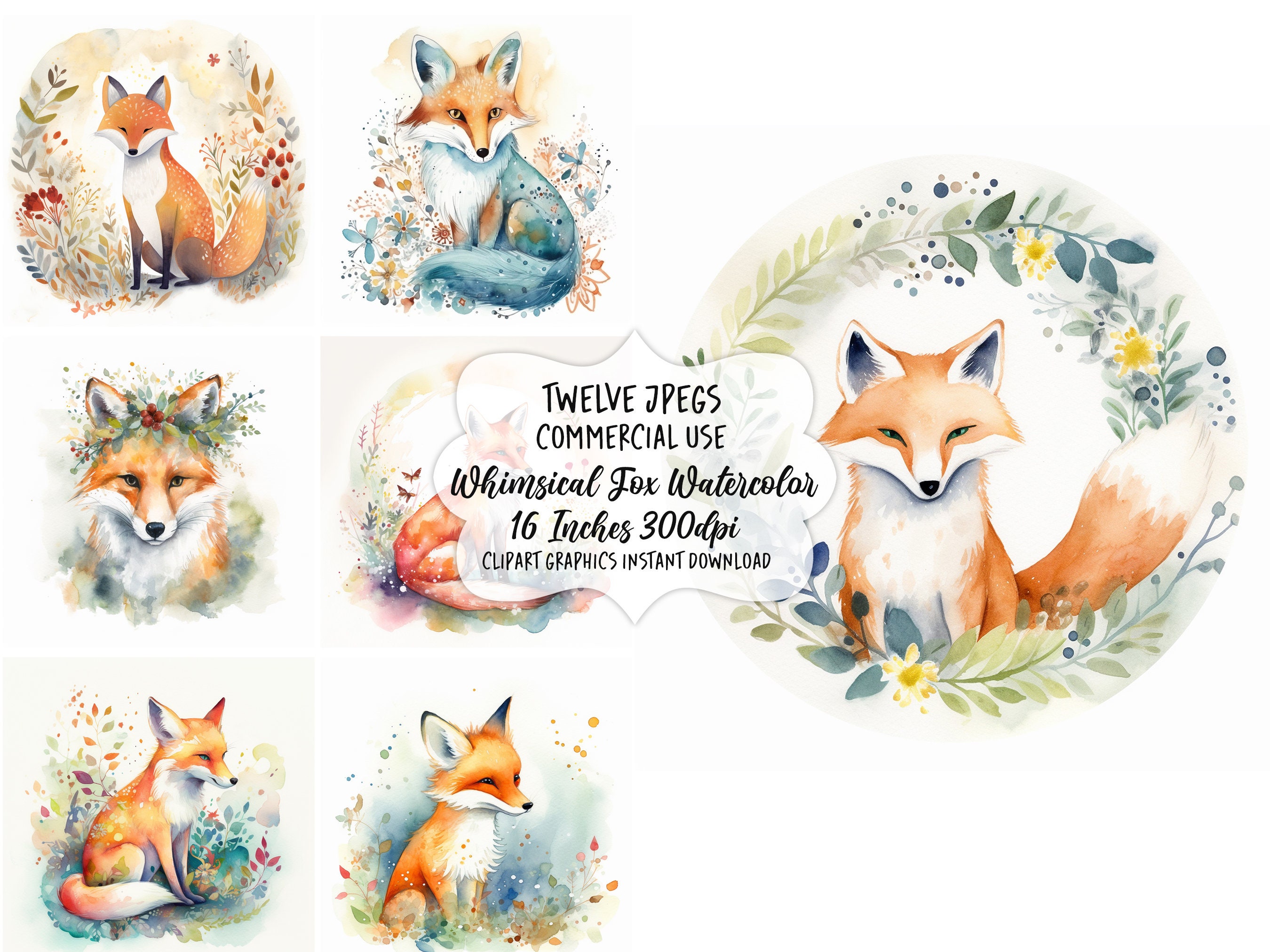 Fox Watercolor Clipart, Cute Fox Watercolor Clip Art, Fox Nursery Wall ...