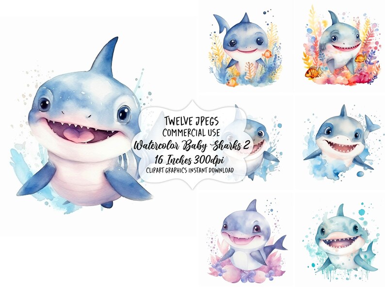 Baby Shark Clipart, Cute Shark Clip Art, Nursery Prints, Printable Wall ...