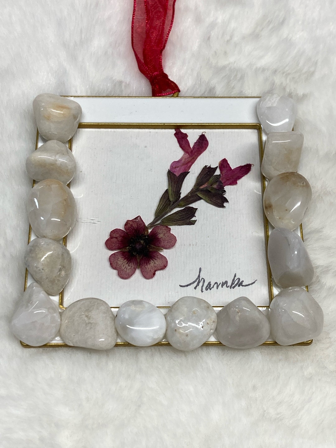 Stone Pebble Frame Ornament With Real Salvia and Geum Flowers, Picture ...