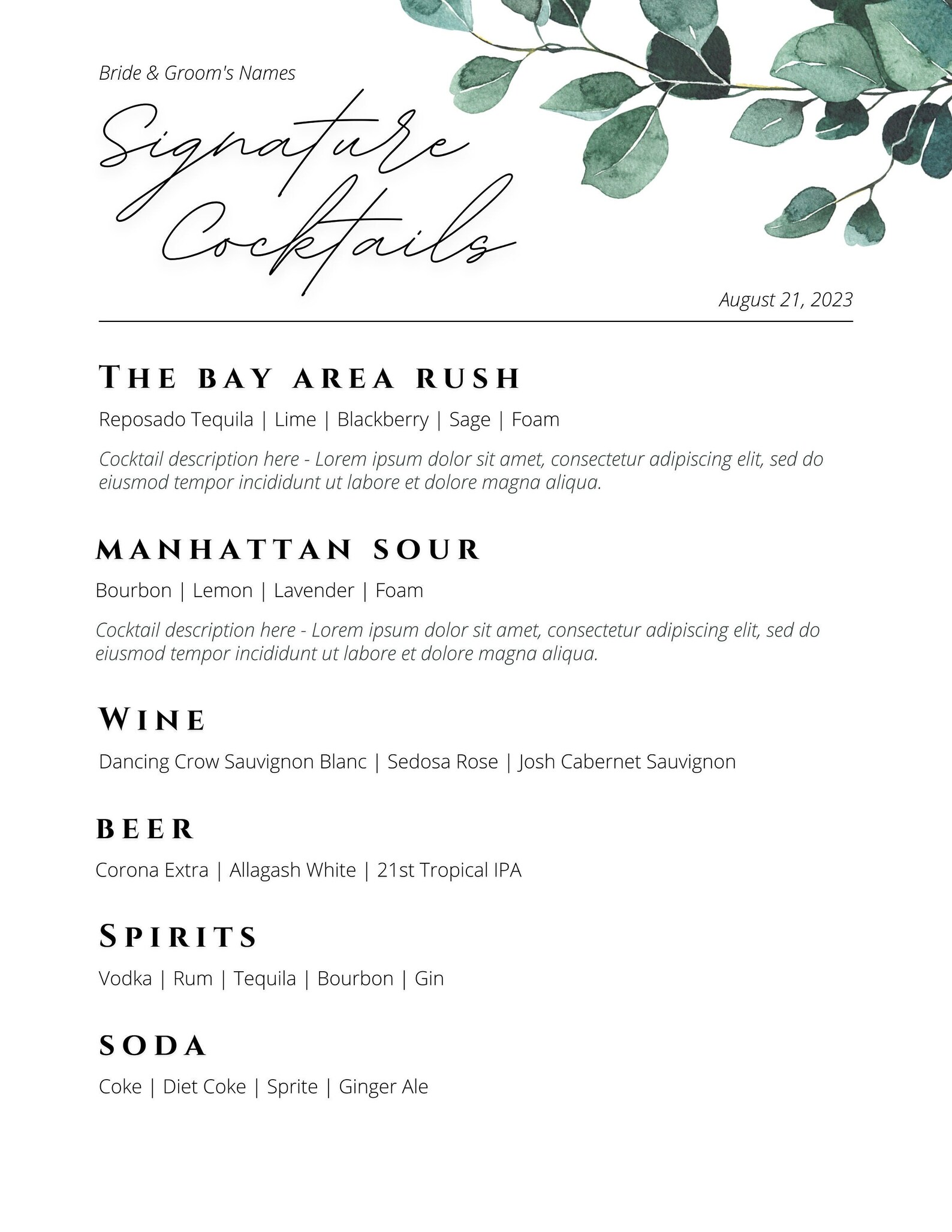 Custom Signature Cocktails Sign (full Menu) - Etsy