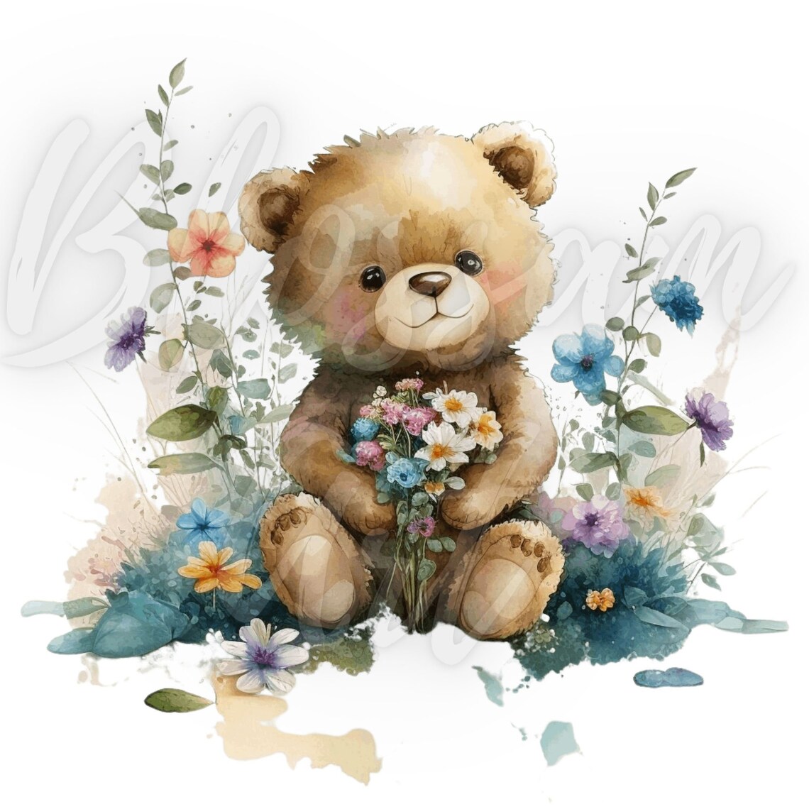 10 Watercolor Teddy Bear Clipart Commerical Use Bear Png Flower Clipart ...