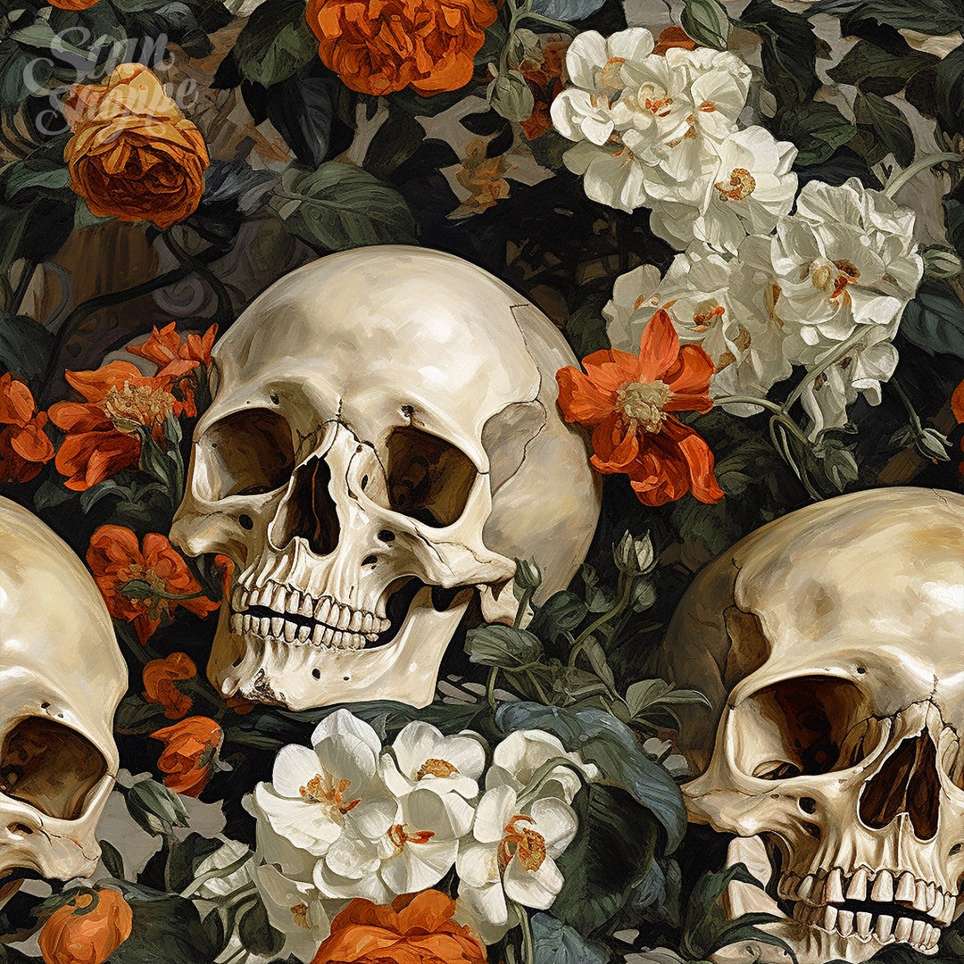 Blooming Skull Garden - Oil Painting of Skulls and Flowers for Digital Paper and Single Panel ...