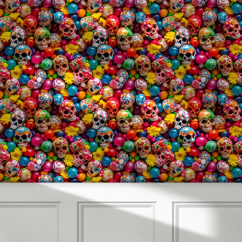 Sugar Skull Bliss - Seamless Digital Paper of Skulls, Candy and Flowers ...