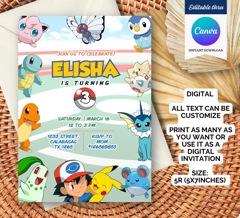 Editable Pokemon Birthday Invitation, Pokemon Party Invitation ...