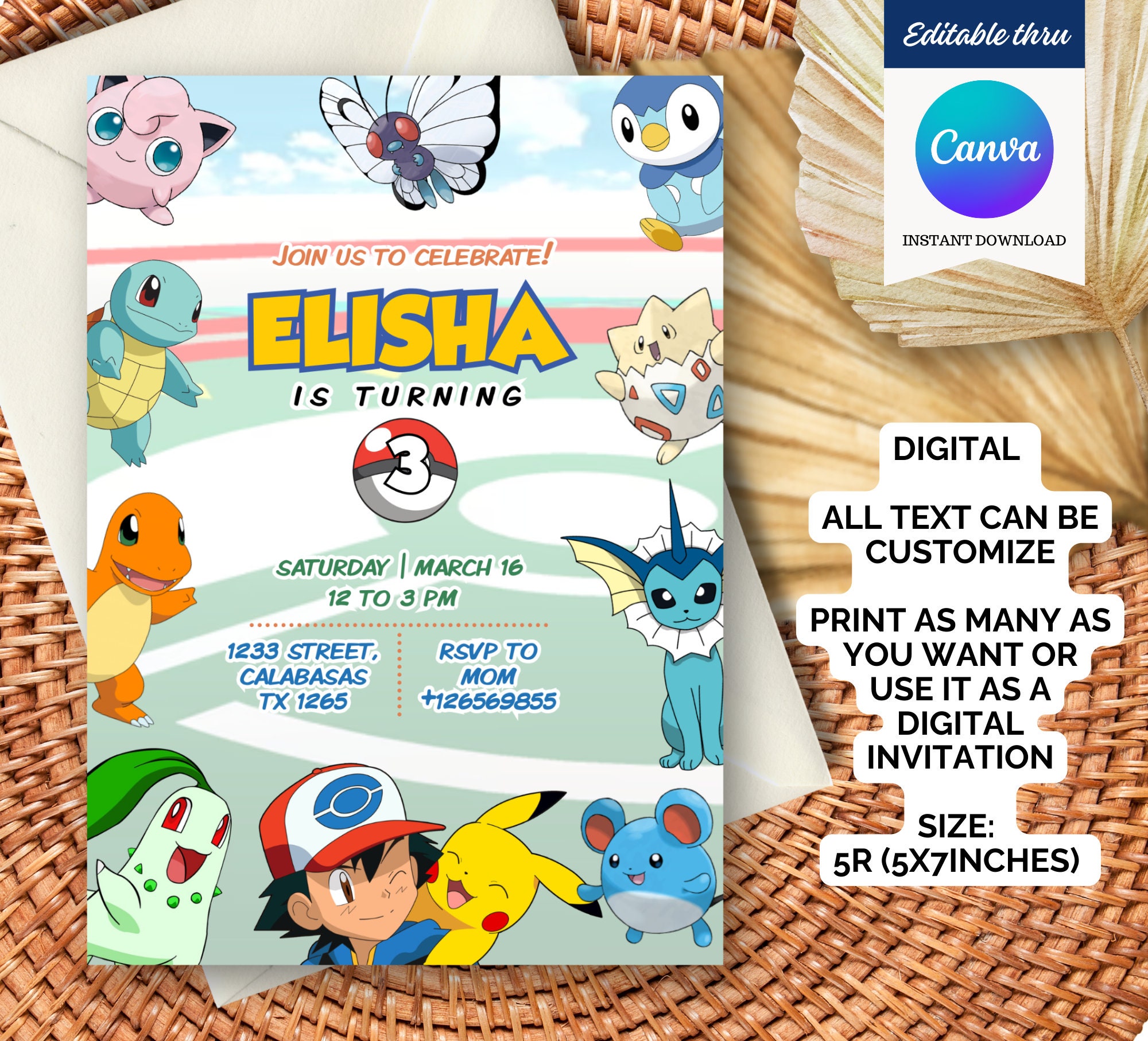 Editable Pokemon Birthday Invitation, Pokemon Party Invitation ...