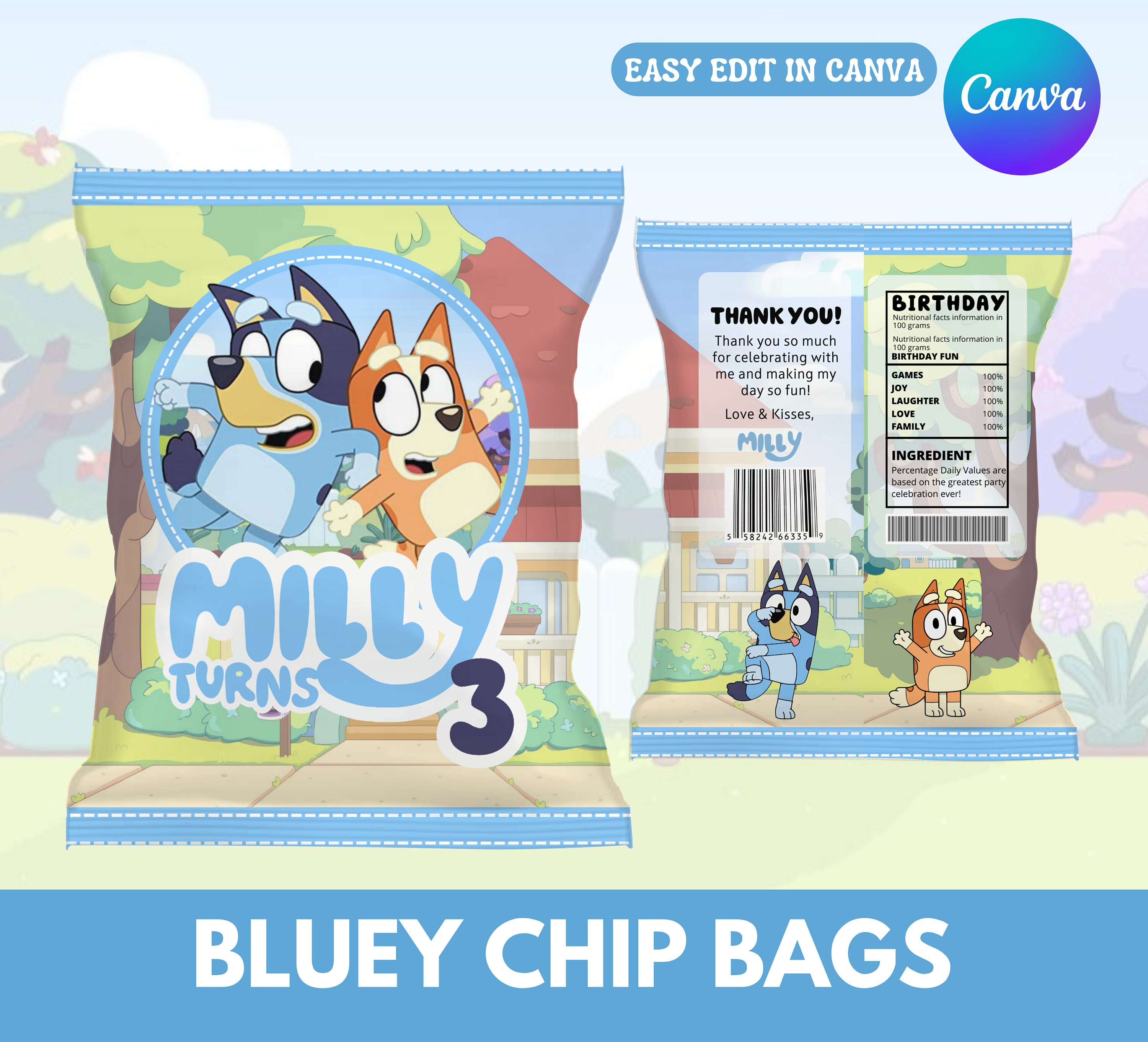 Bluey Editable Chip Bag Party Favor, Canva Template, Blue Party ...