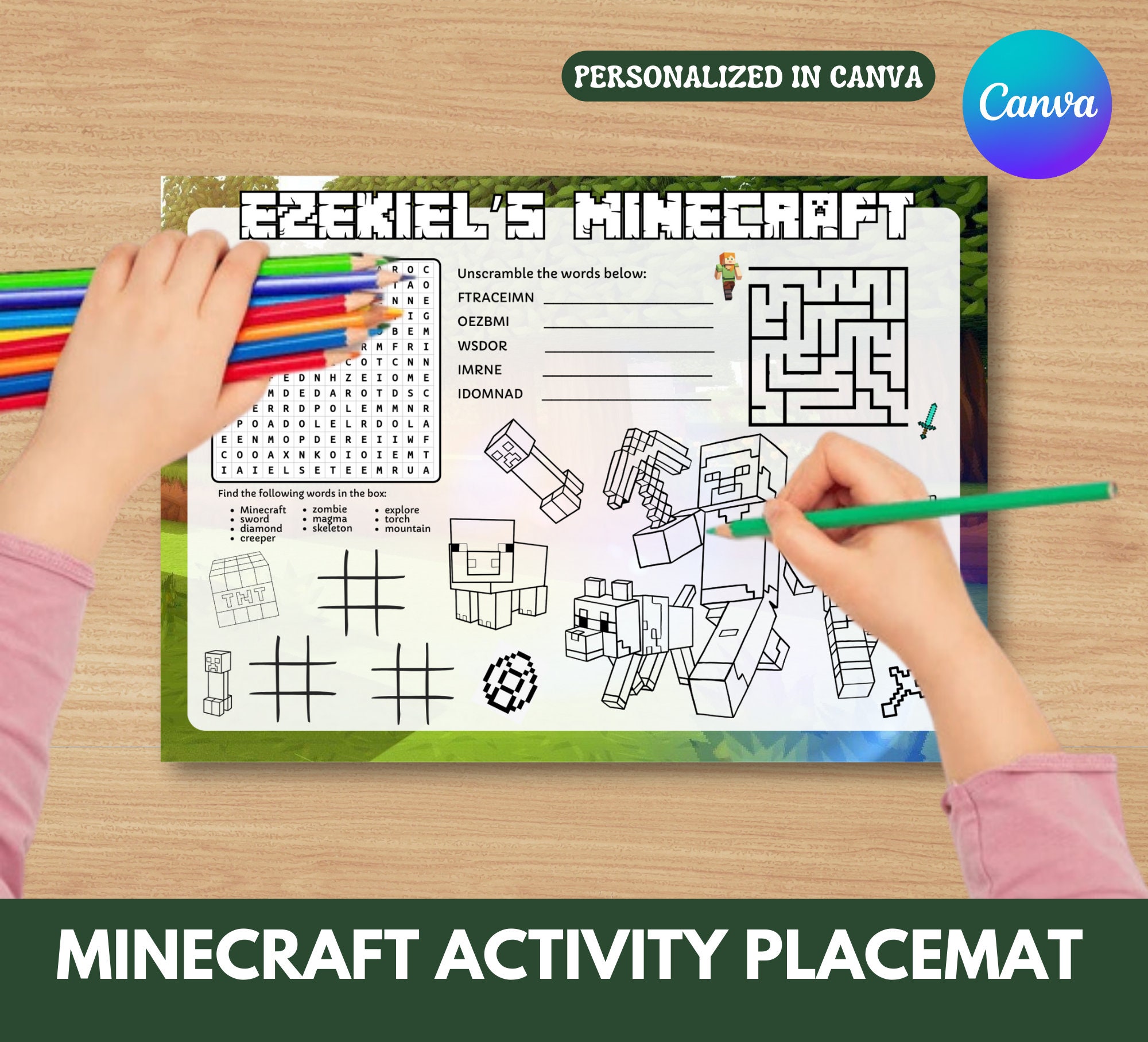 Minecraft Activity Placemat Customizable Activity Placemat Sheet Work ...