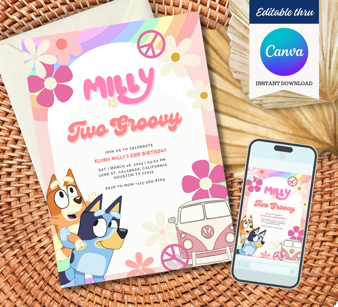 Groovy Girl Bluey Birthday Invitation Template, Bluey Invitation ...