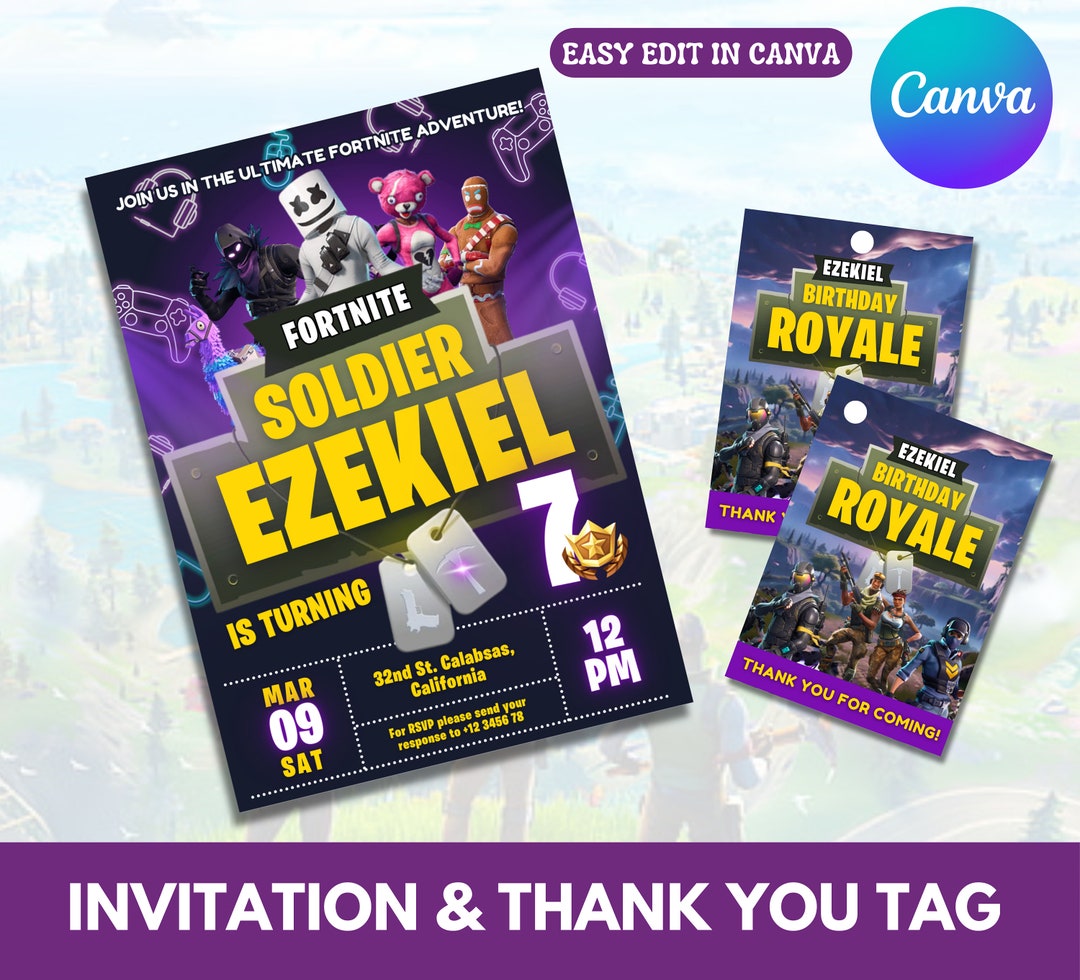 Gamer Invitation and Thank You Tag Fort Birthday Invitation Fort Thank ...