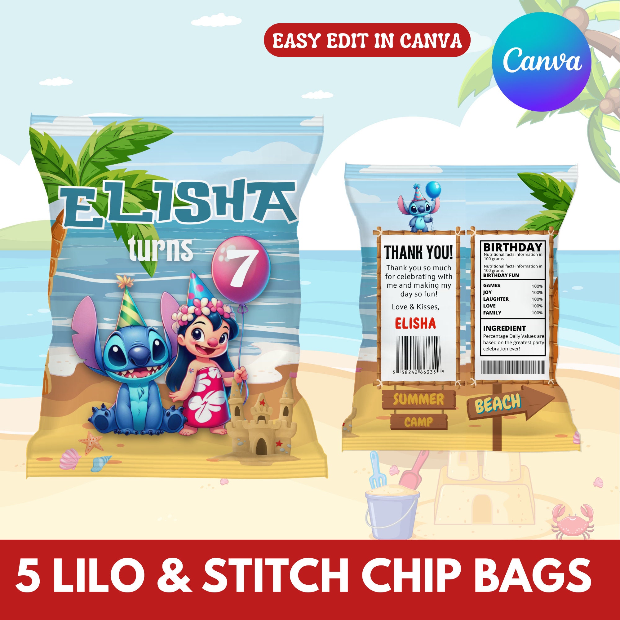 Lilo and Stitch Chip Bags Stitch Party Bags Canva Template Printable ...