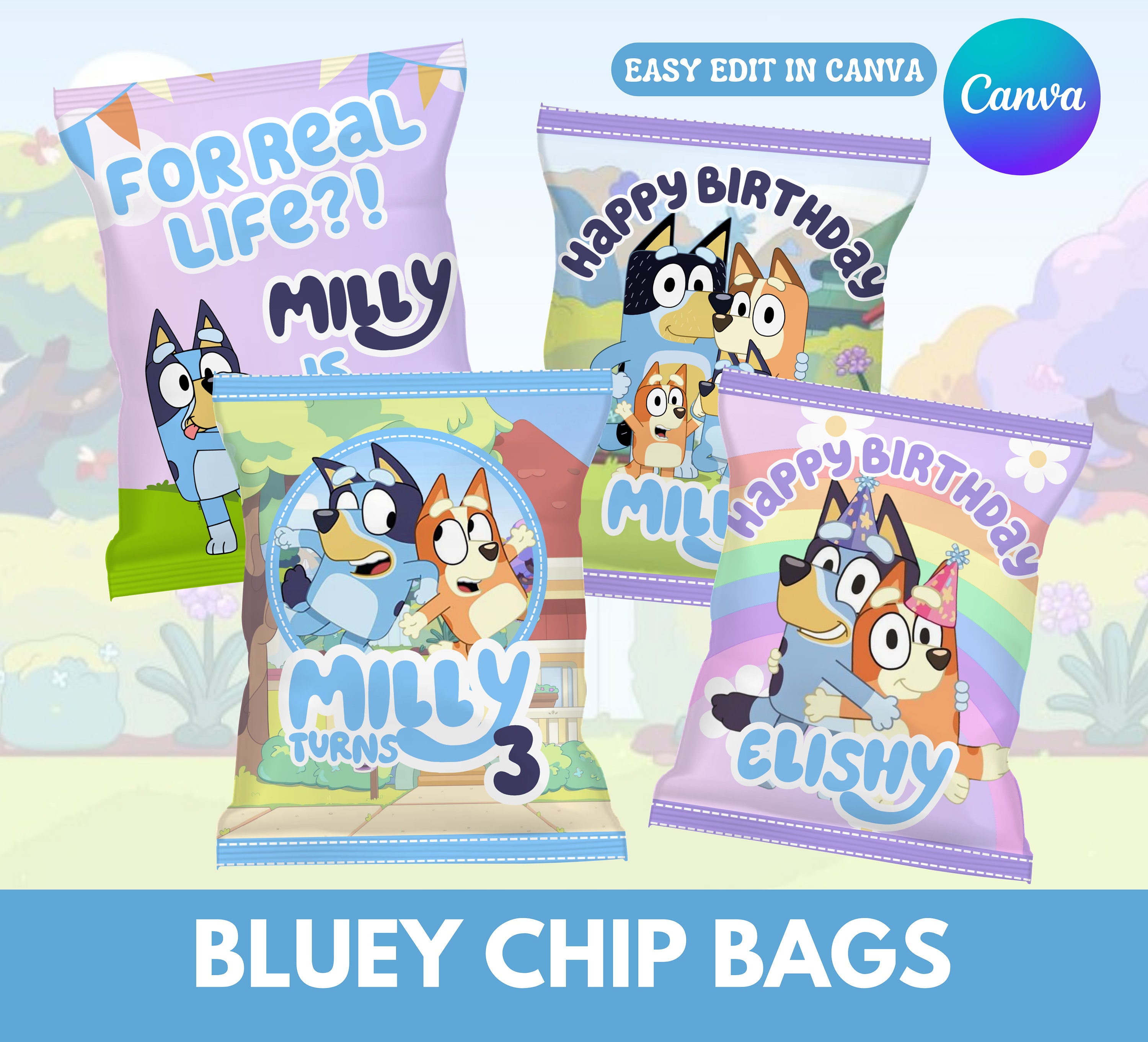 Bluey Editable Chip Bag Party Favor, Canva Template, Blue Party ...