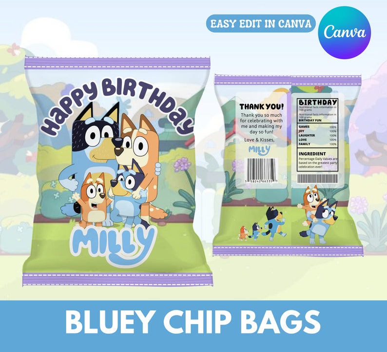 Bluey Editable Chip Bag Party Favor, Canva Template, Blue Party ...