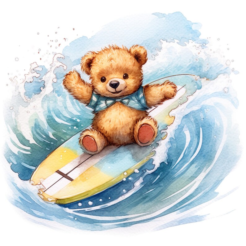 Watercolor Teddy Bear at Surfing Clipart Instant Download PNG Digital ...