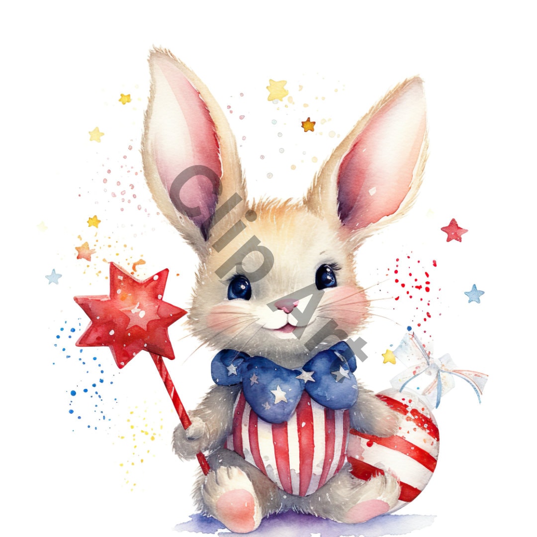 Watercolor 4th of July Bunny Clipart 4th of July Themed Watercolor PNG ...