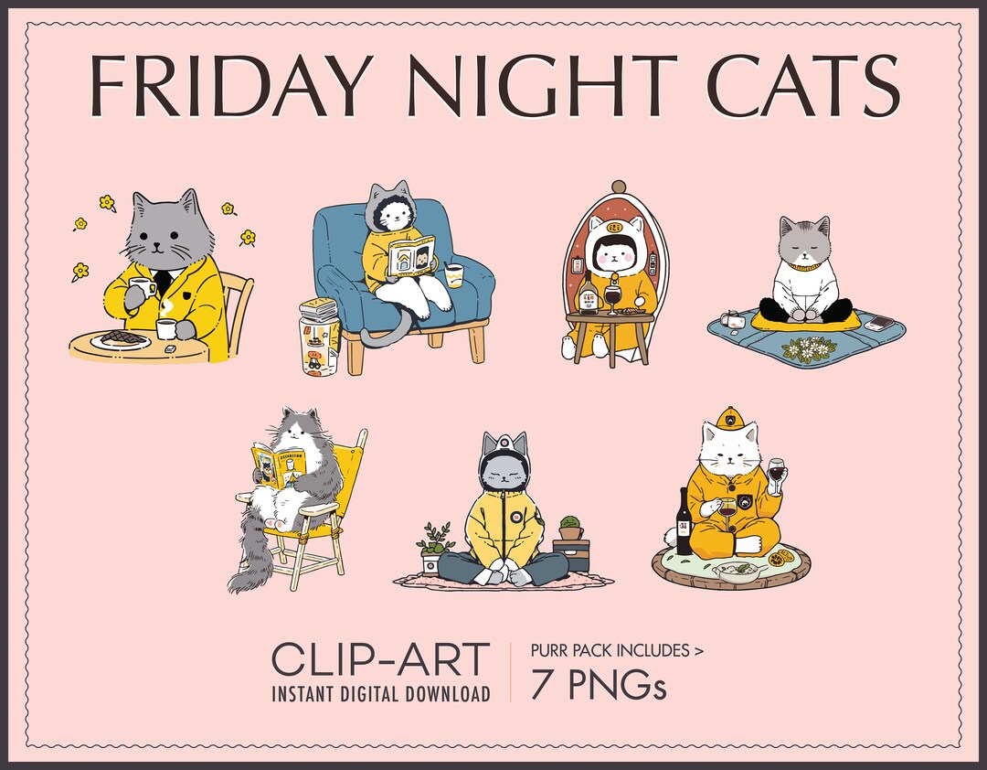 FRIDAY NIGHT CATS Clipart, Digital Sticker, Cute Clipart, Printable ...