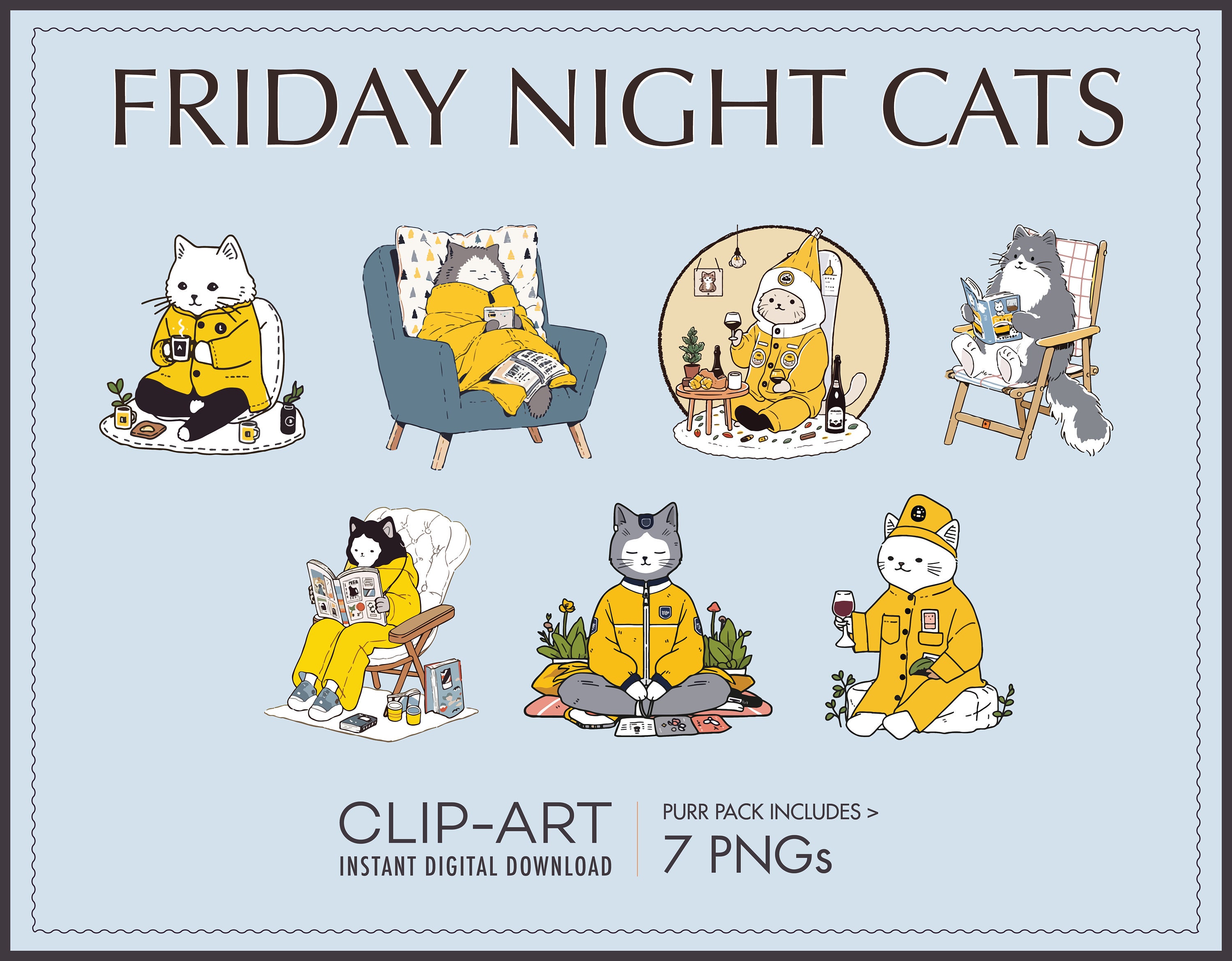 FRIDAY NIGHT CATS Clipart, Digital Sticker, Cute Clipart, Printable ...