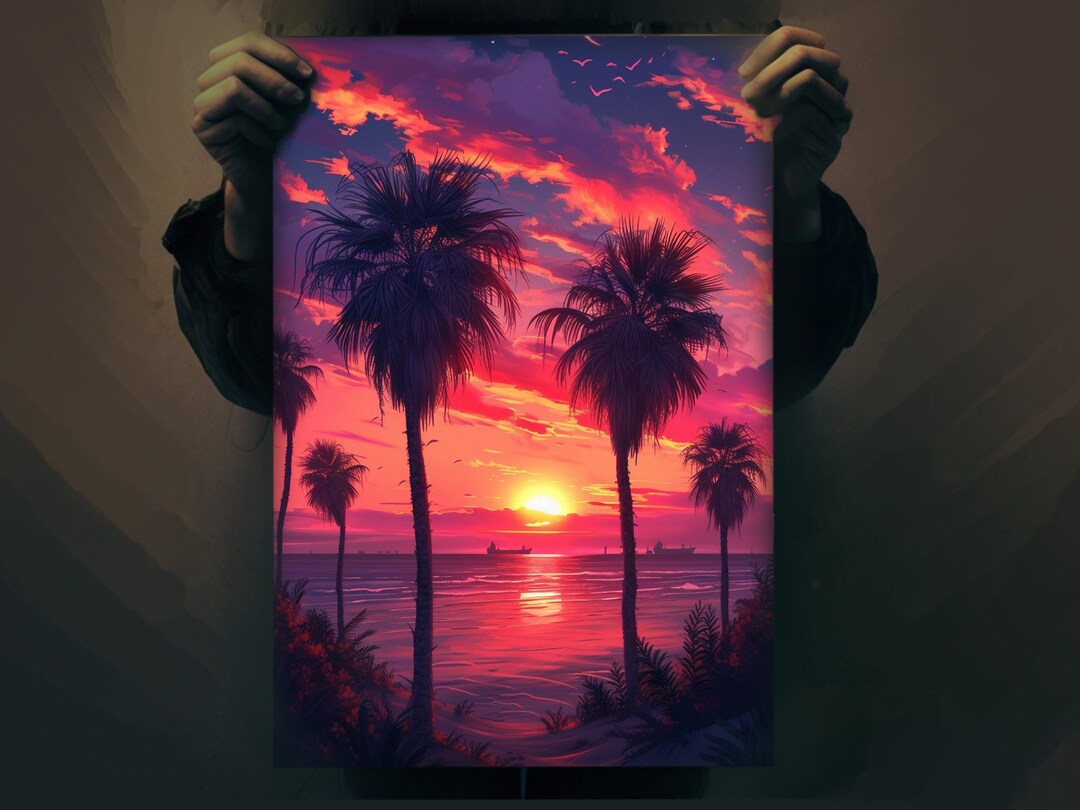 Synthwave Sunset Poster Outrun Palm Tree Art American Scene Painting ...