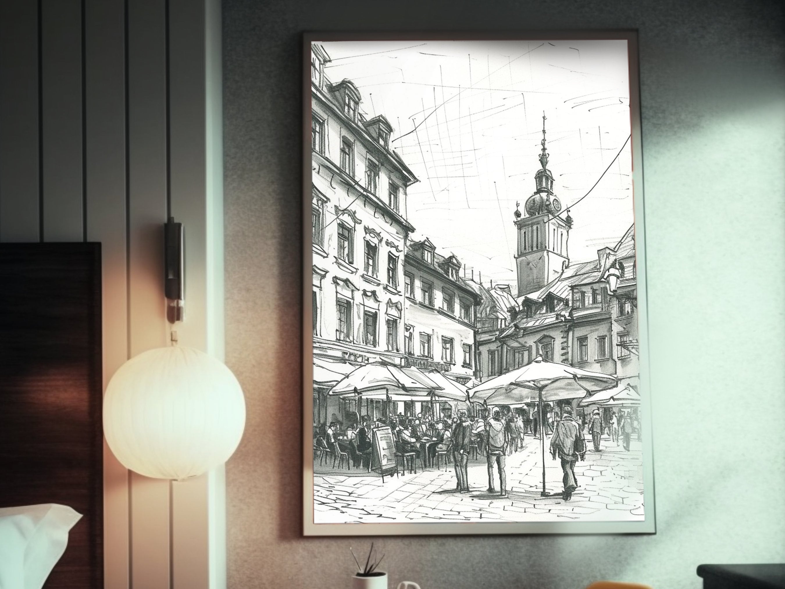 Ultra-detailed European City Square Ink Drawing Modern Architecture ...
