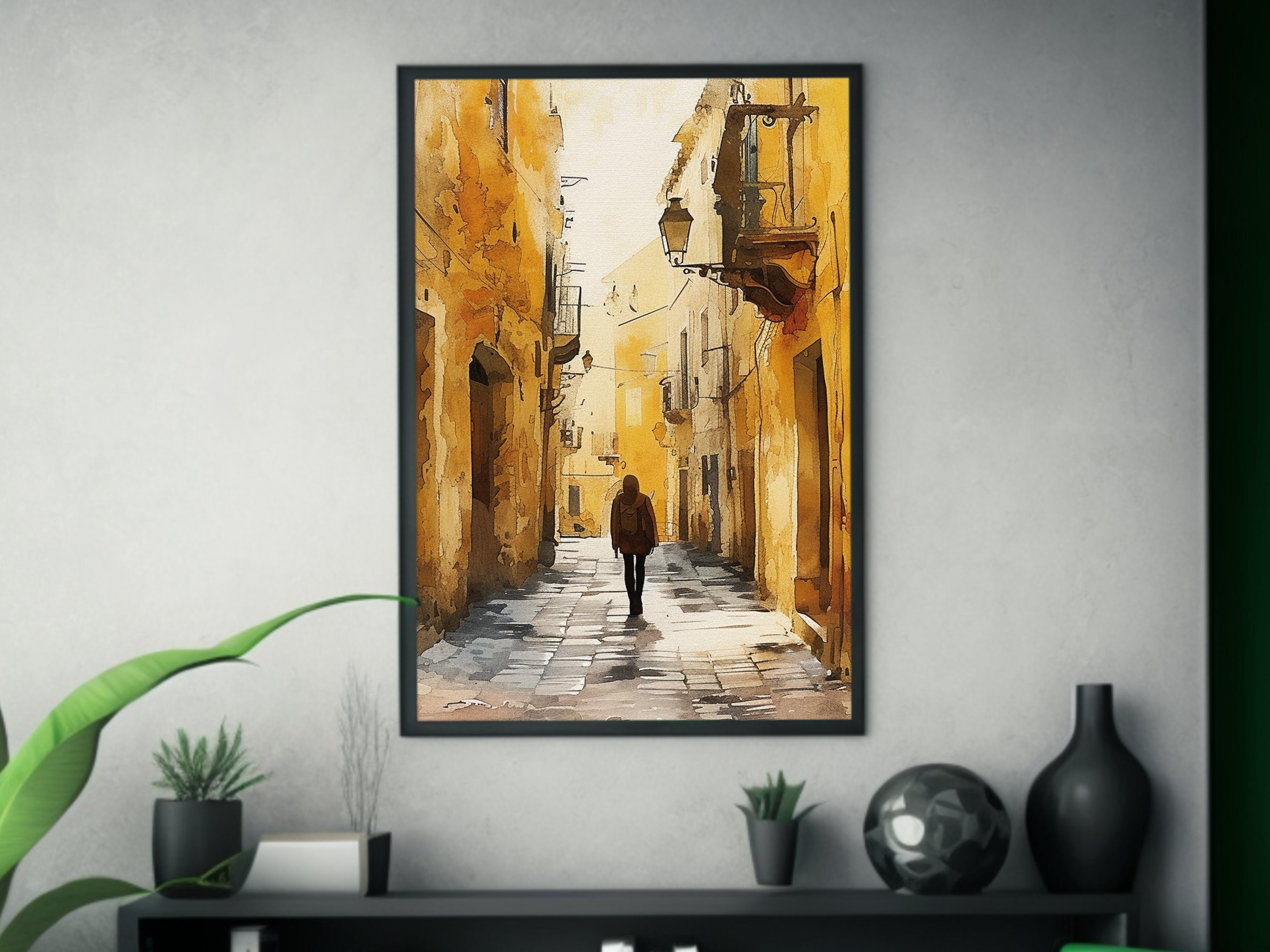 European Watercolor Street Scene Poster Detailed Artistry Ink Painting ...