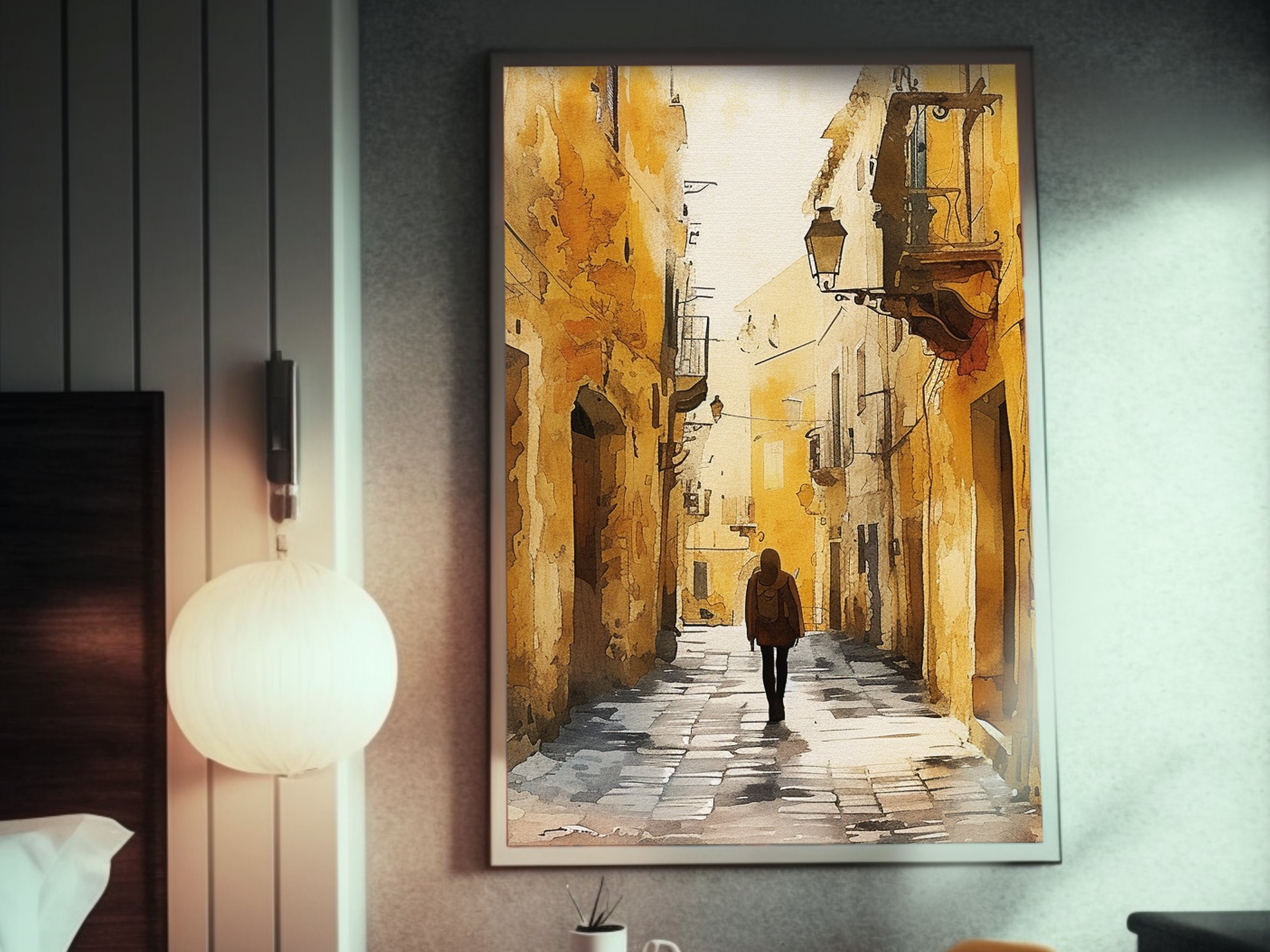 European Watercolor Street Scene Poster Detailed Artistry Ink Painting ...