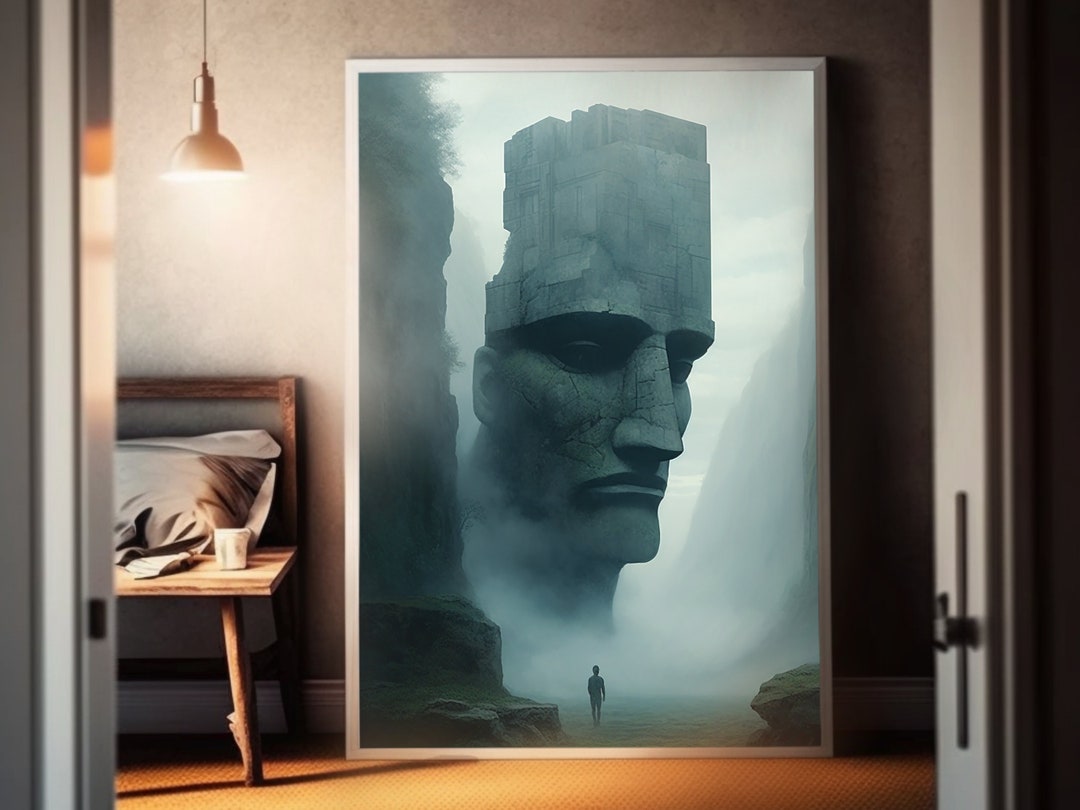 Fantasy Art of Man Amidst Stone Head Ruins Detailed Matte Painting ...