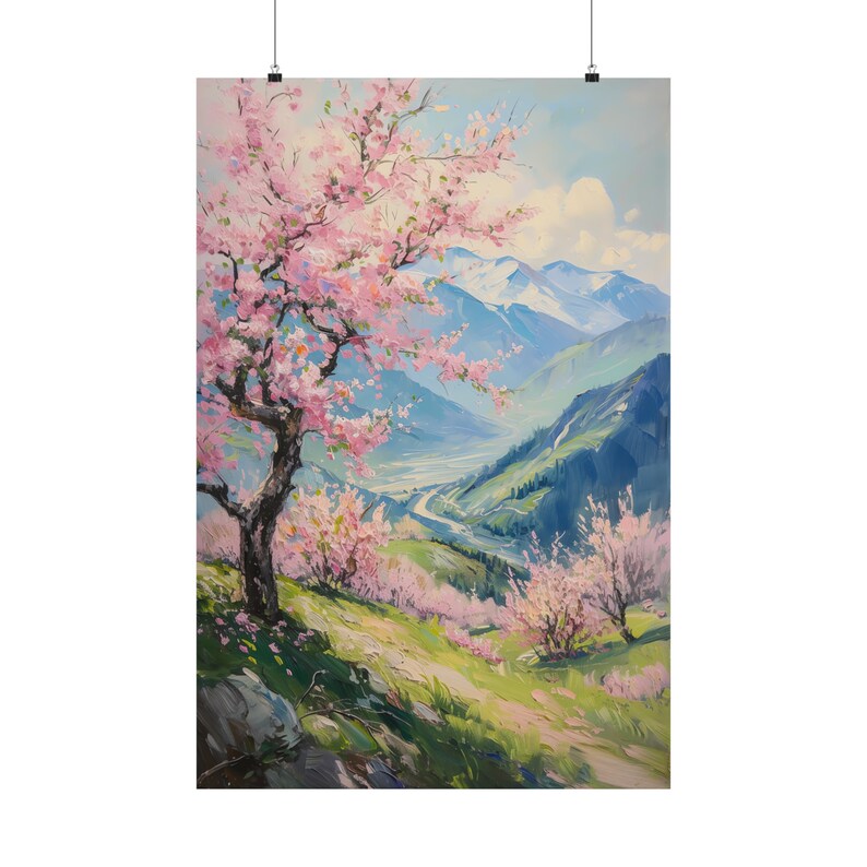 Cherry Blossom Tree Poster Oil Painting Style Cloisonnism Art Mountain ...