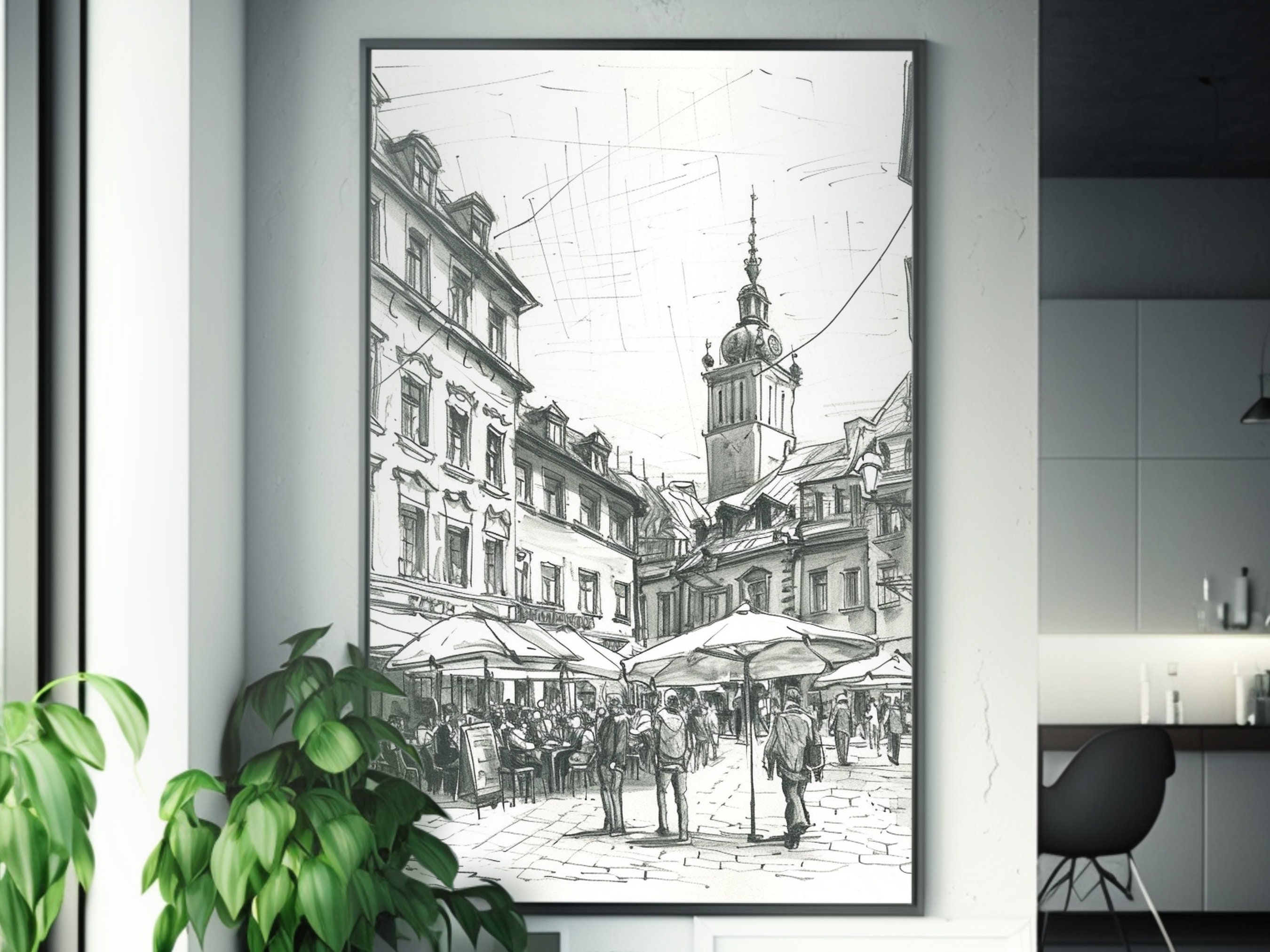 Ultra-detailed European City Square Ink Drawing Modern Architecture ...