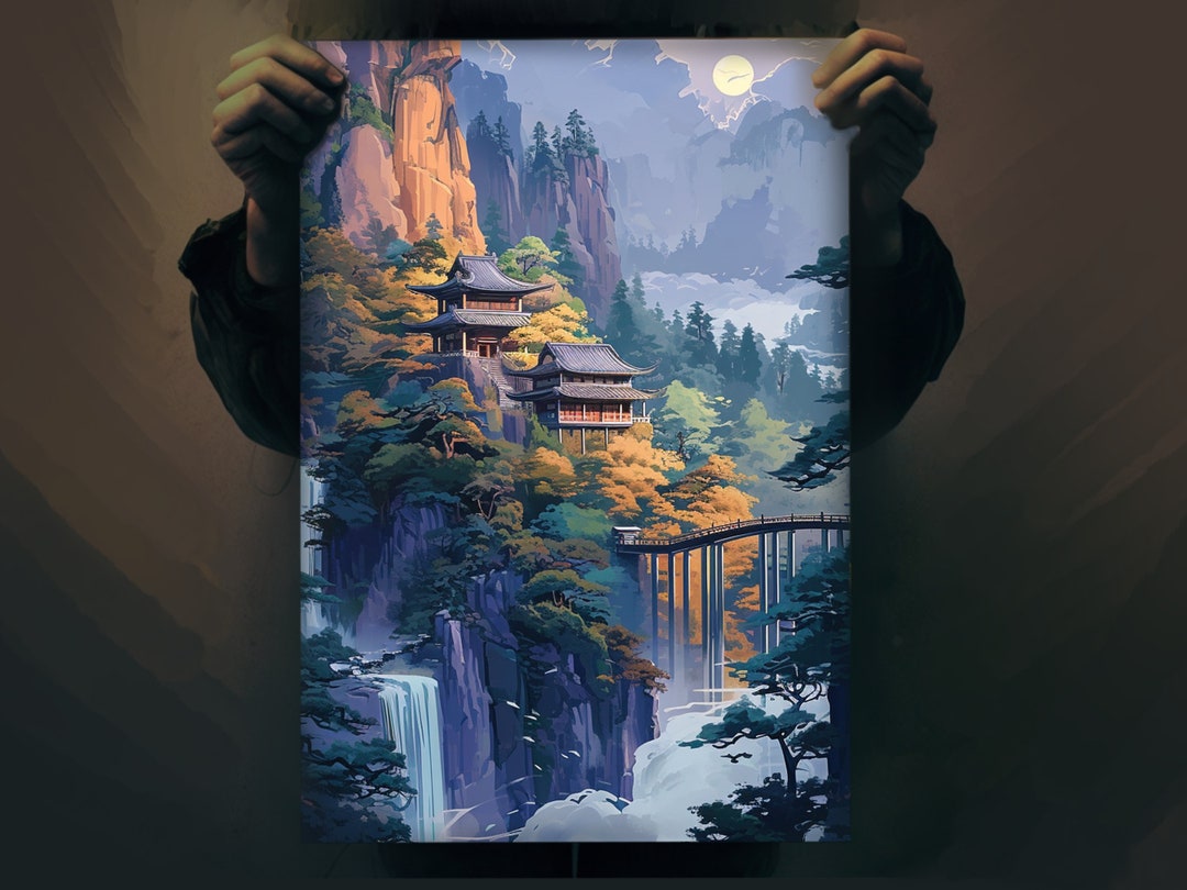 Mountain Bridge Fantasy Art Poster Studio Anime Landscape Matte ...