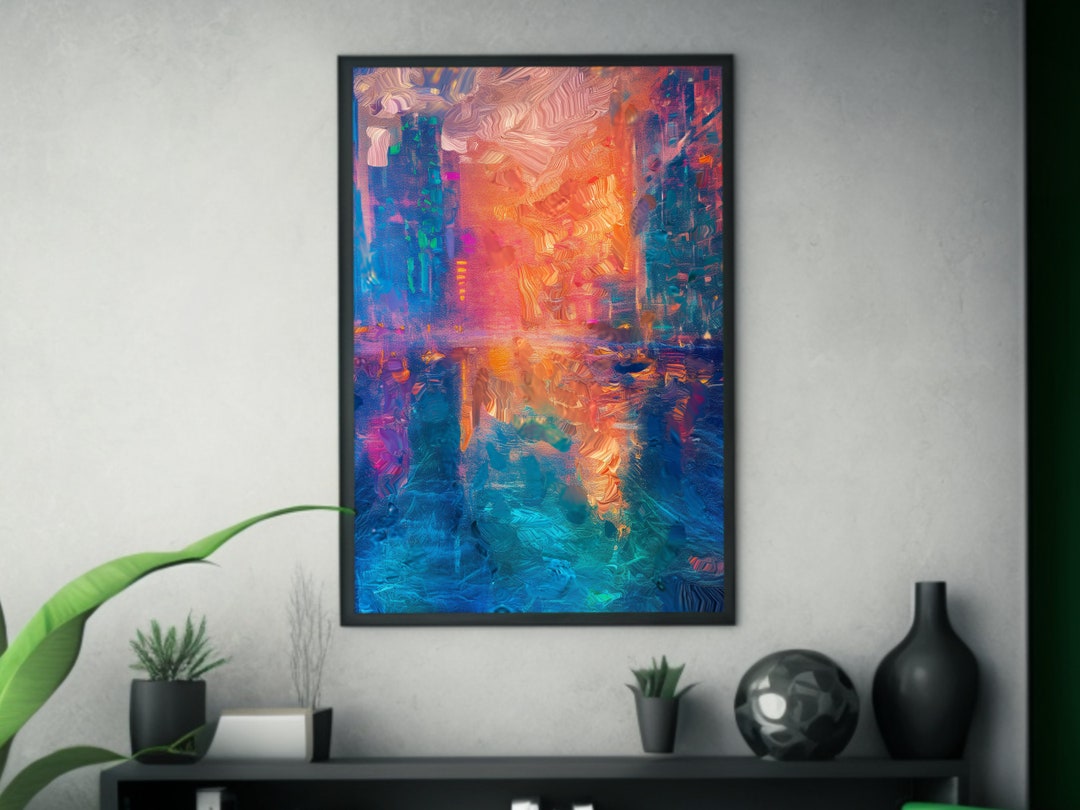 Abstract Cityscape Painting Award-winning Art Neon Mixed Media Poster ...