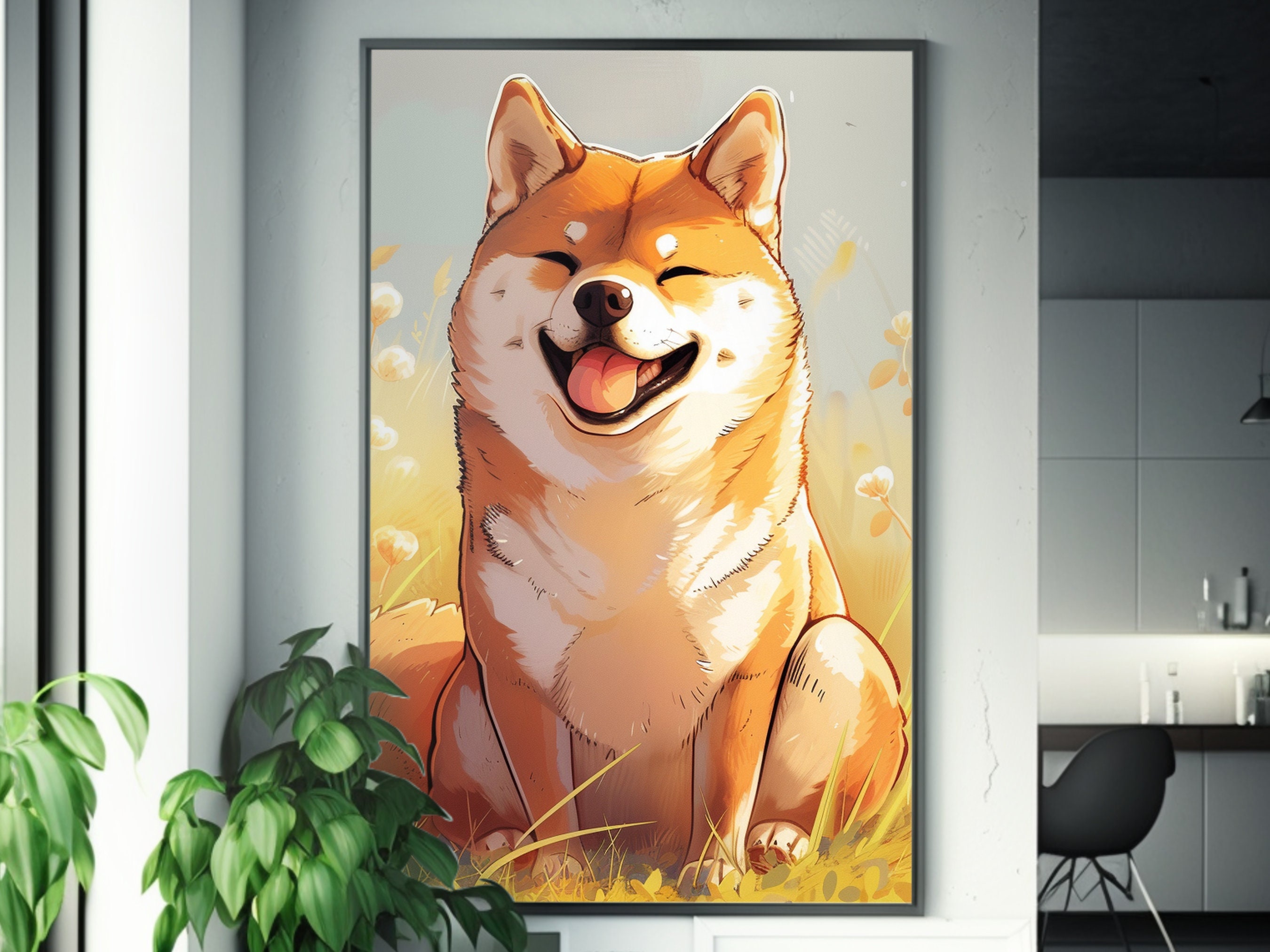 Shiba Inu Poster Detailed Furry Art Cute Dog Portrait Sitting in Grass ...