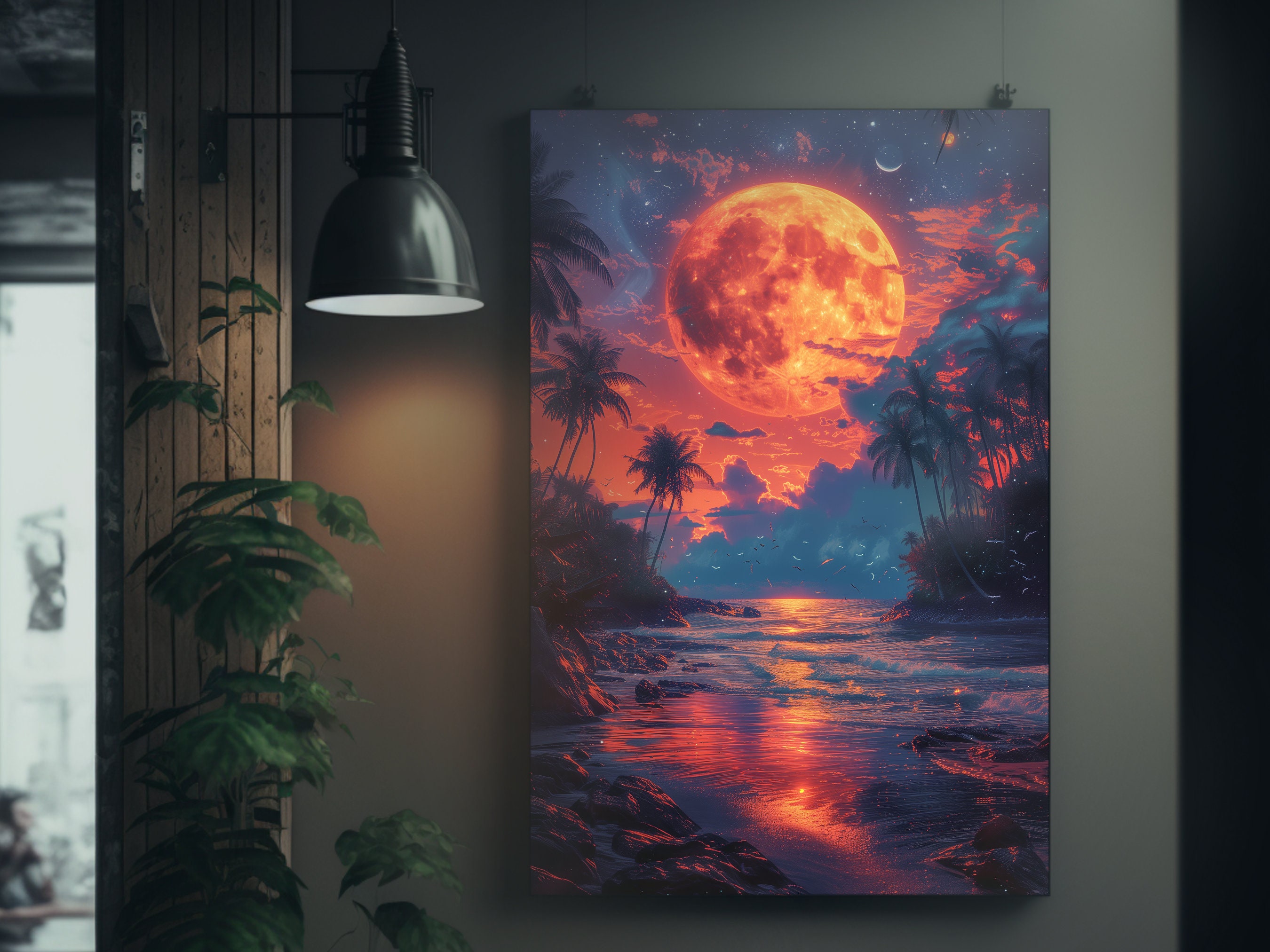 Sunset Palm Tree Poster Moonlight Art Space Red Moonlight Blood Moon ...
