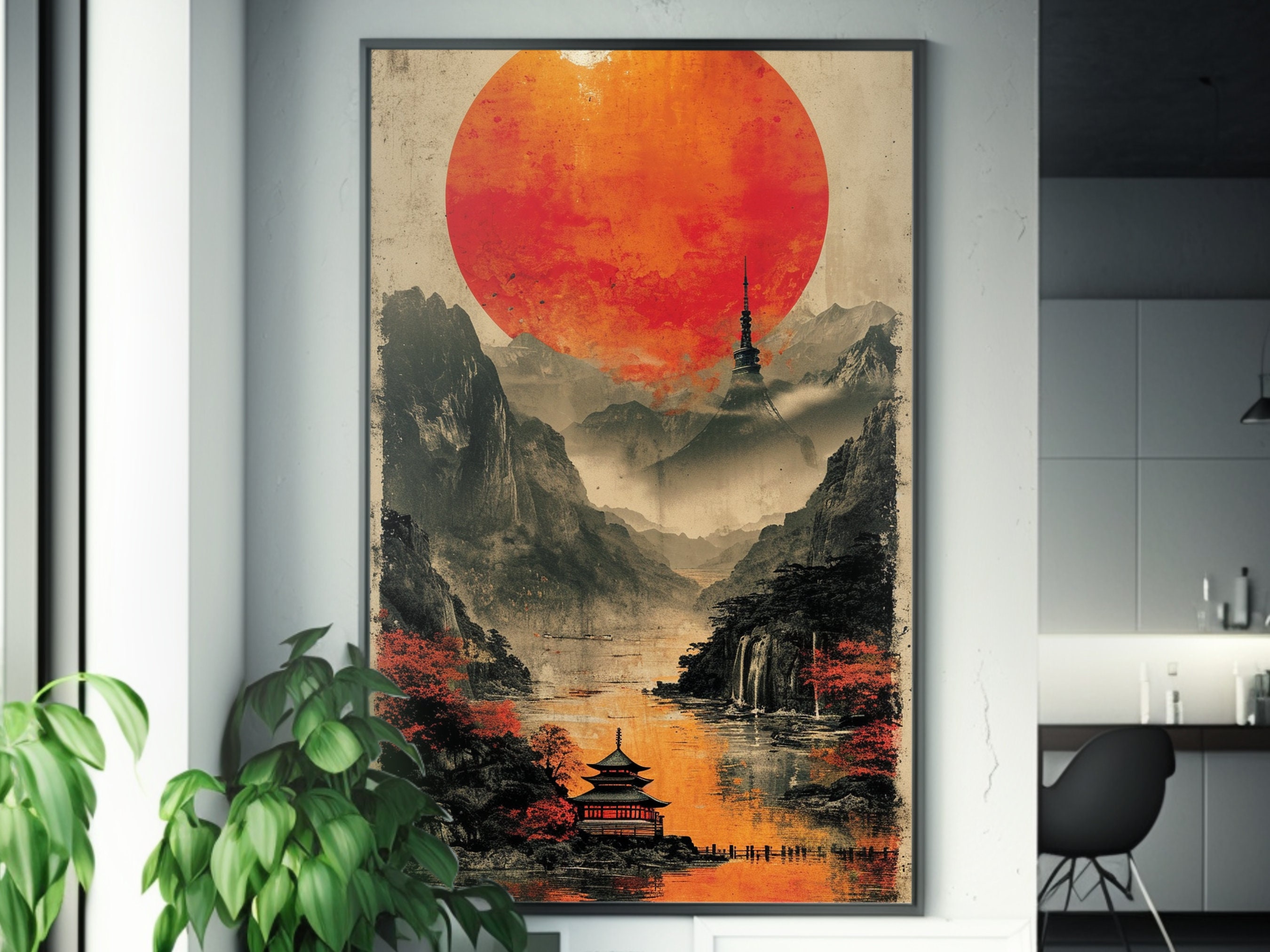Mountain Landscape Red Sun Poster Art Ukiyo-e Inspired Samurai Cinema ...