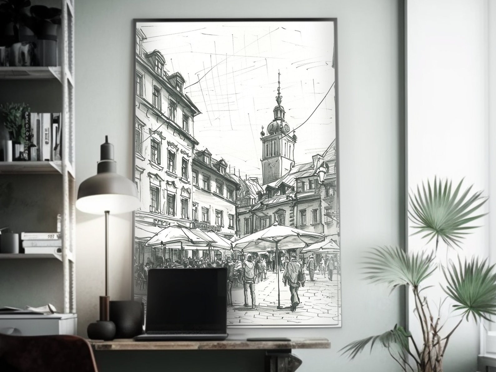 Ultra-detailed European City Square Ink Drawing Modern Architecture ...