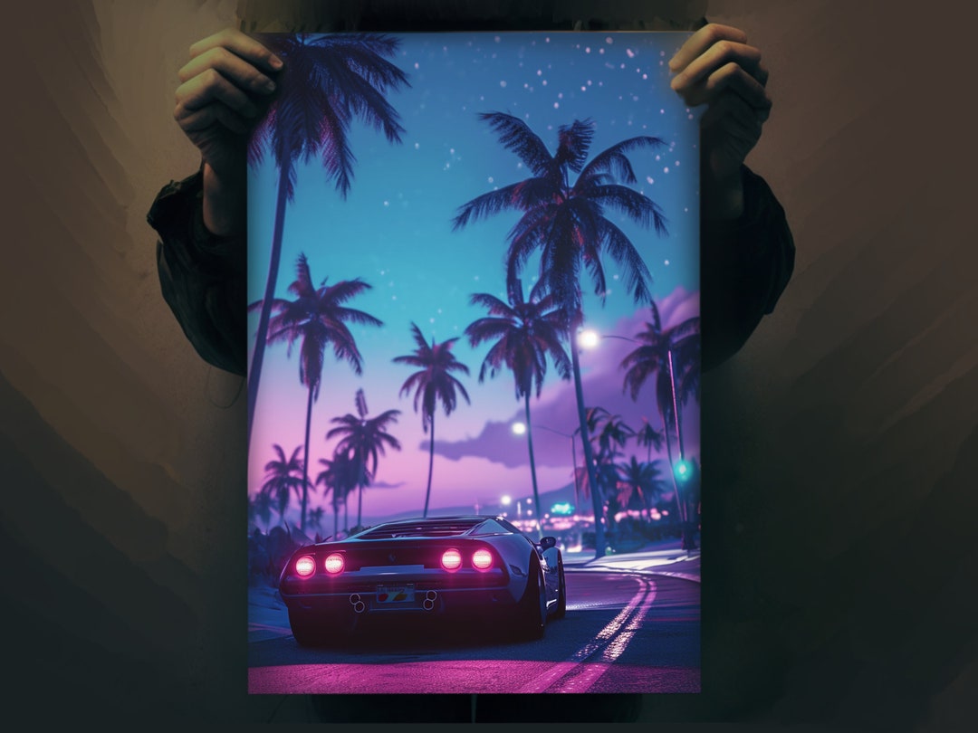 80s Outrun Poster Retro Futurism Art Palm Trees, Car, Street Scene ...